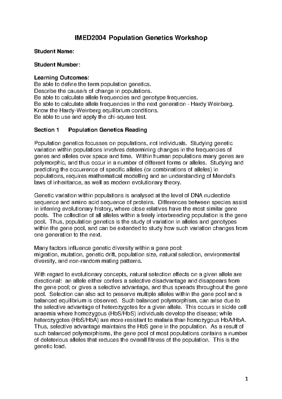 IMED2004 Population Genetics Workshop: Genotype & Allele Frequencies ...