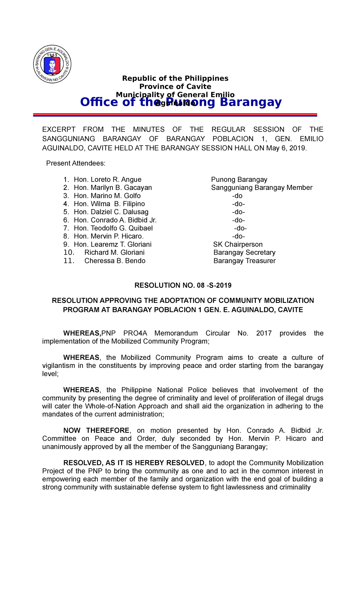 Barangay Poblacion 1 Resolution No. 08-S: Community Mobilization ...