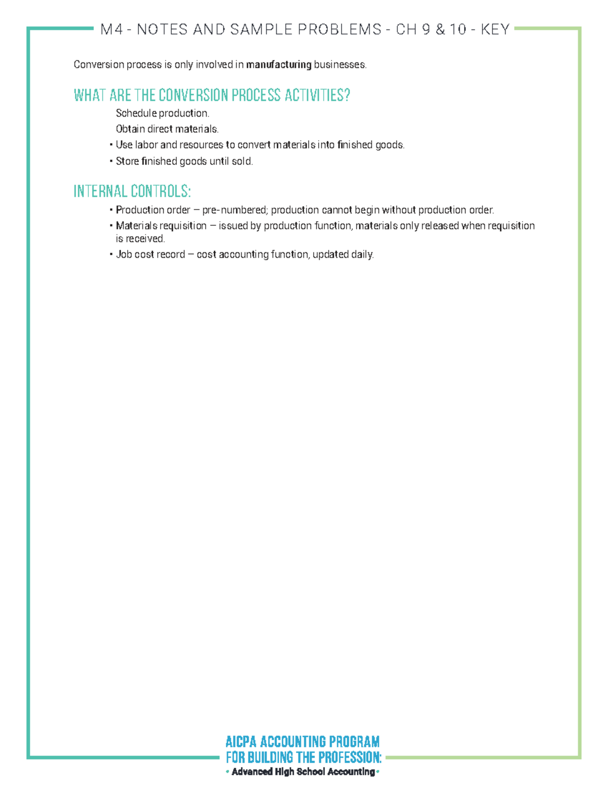 APBP M4 Notes & Problems: Ch 9-10 Key Concepts in Manufacturing Costs ...