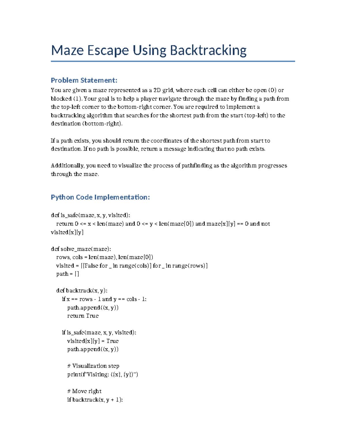 Backtracking Assignment: Shortest Path in Maze Escape (CS101) - Studocu