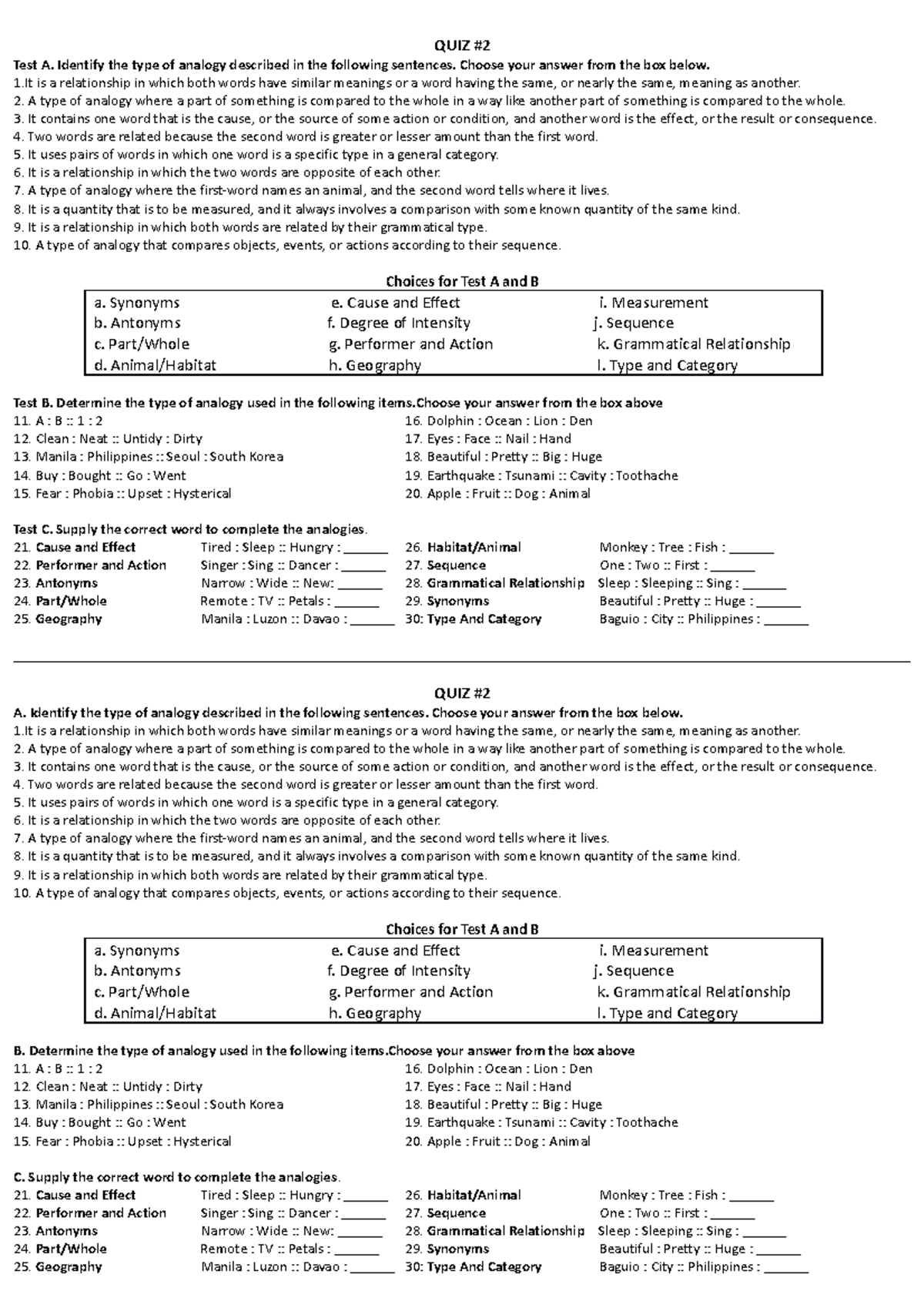 QUIZ on Analogy - Understanding Different Types of Analogies - Studocu