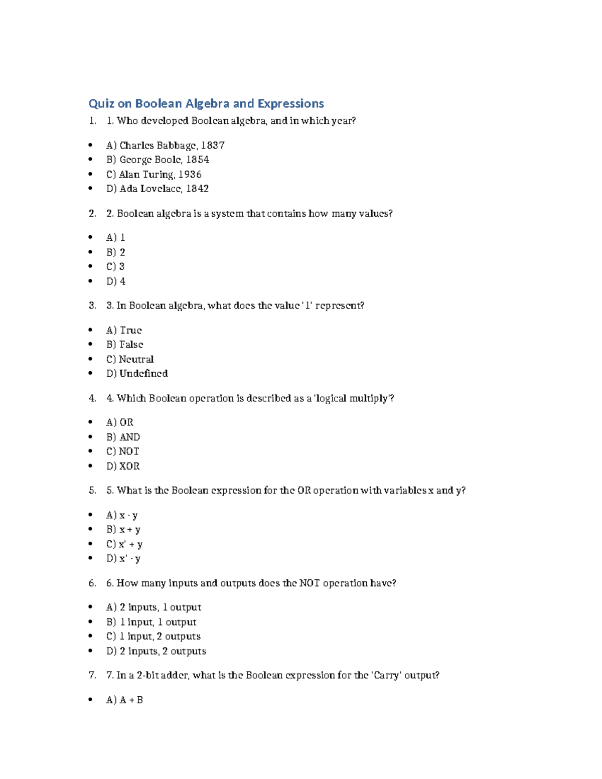 Boolean Algebra Quiz - Revise Your Study Materials - Studocu