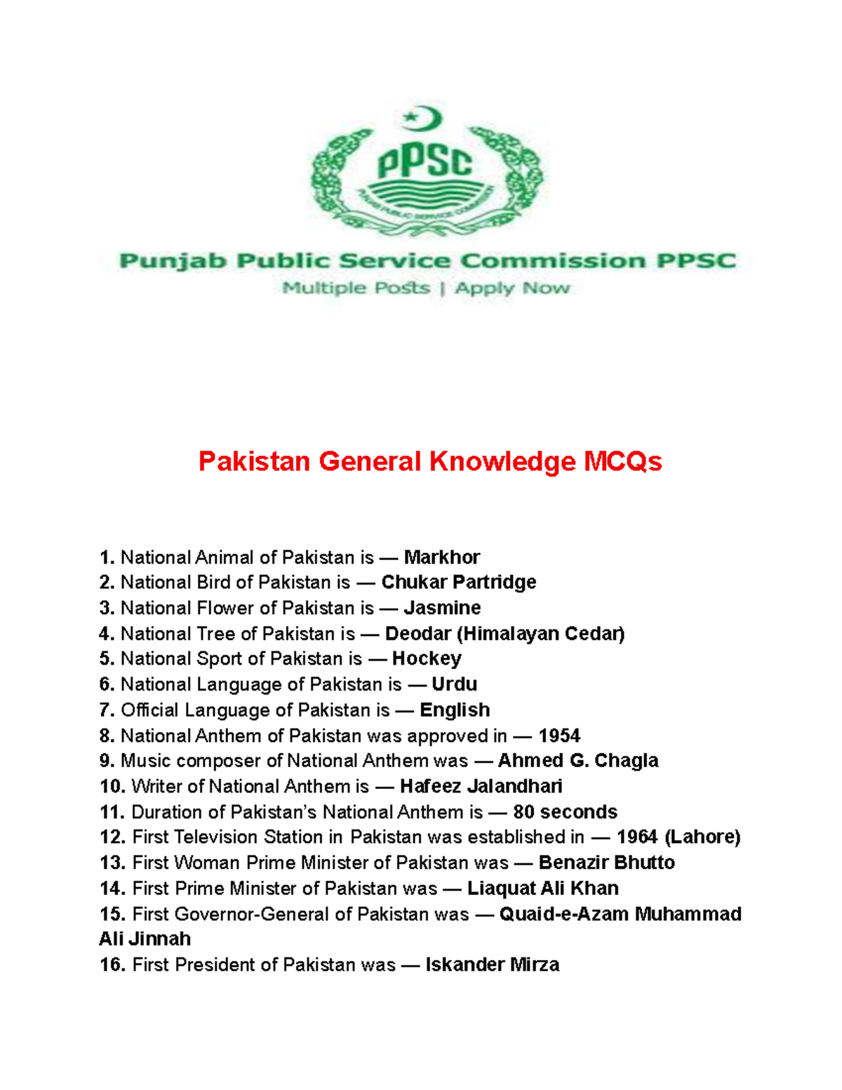 Pakistan General Knowledge MCQs: Key Facts and Figures - Studocu