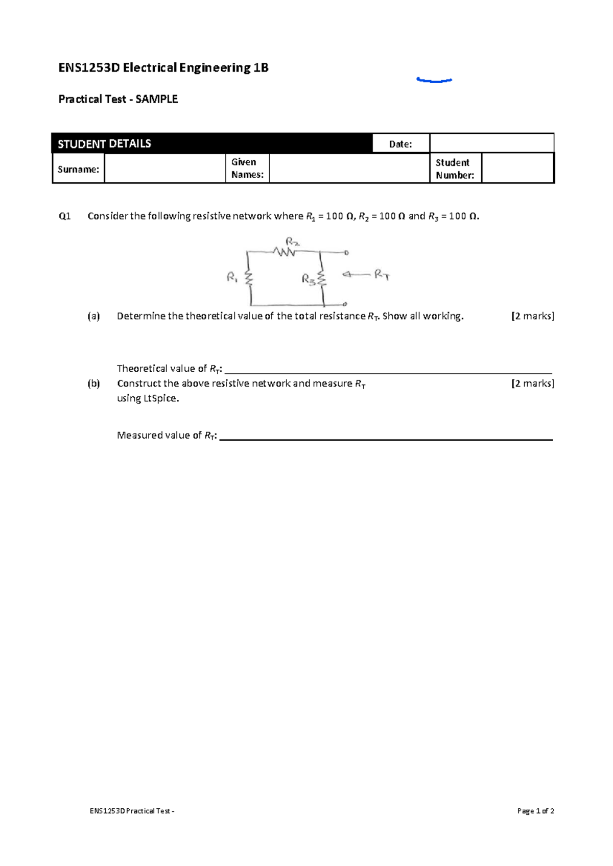 ENS1253D Electrical Engineering 1B Practical Test Lab Report - Studocu
