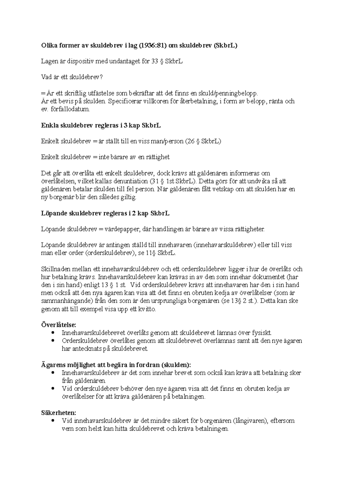 Enkelt och Löpande Skuldebrev enligt SkbrL: En Översikt - Studocu