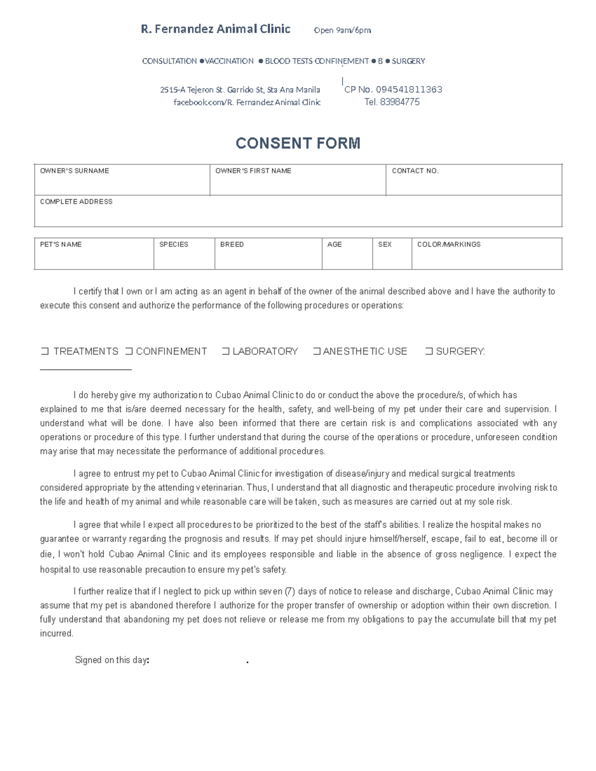Kapon - Consent & Waiver Forms for Pet Services (Animal Clinic) - Studocu