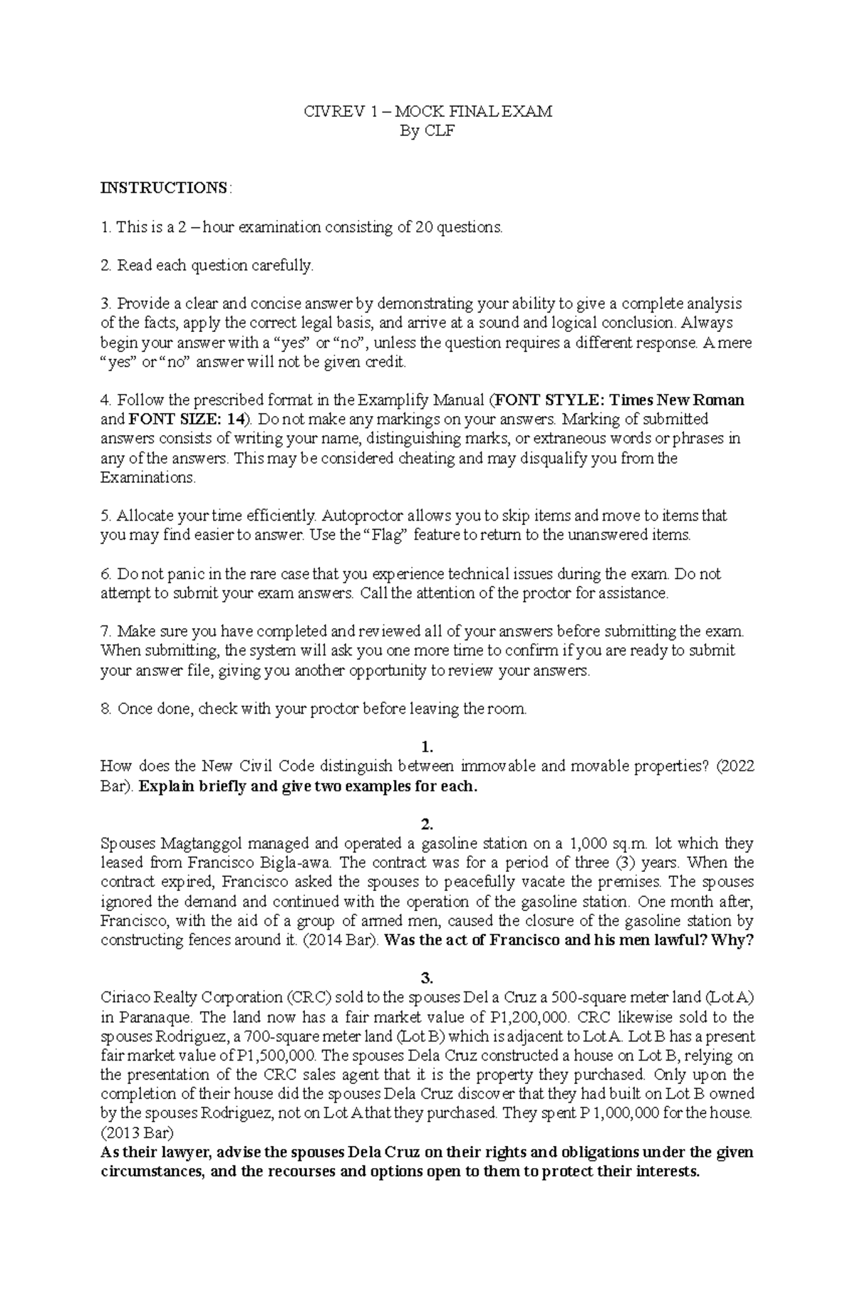 MOCK Examinations Civrev 1 - CIVREV 1 – MOCK FINAL EXAM By CLF ...