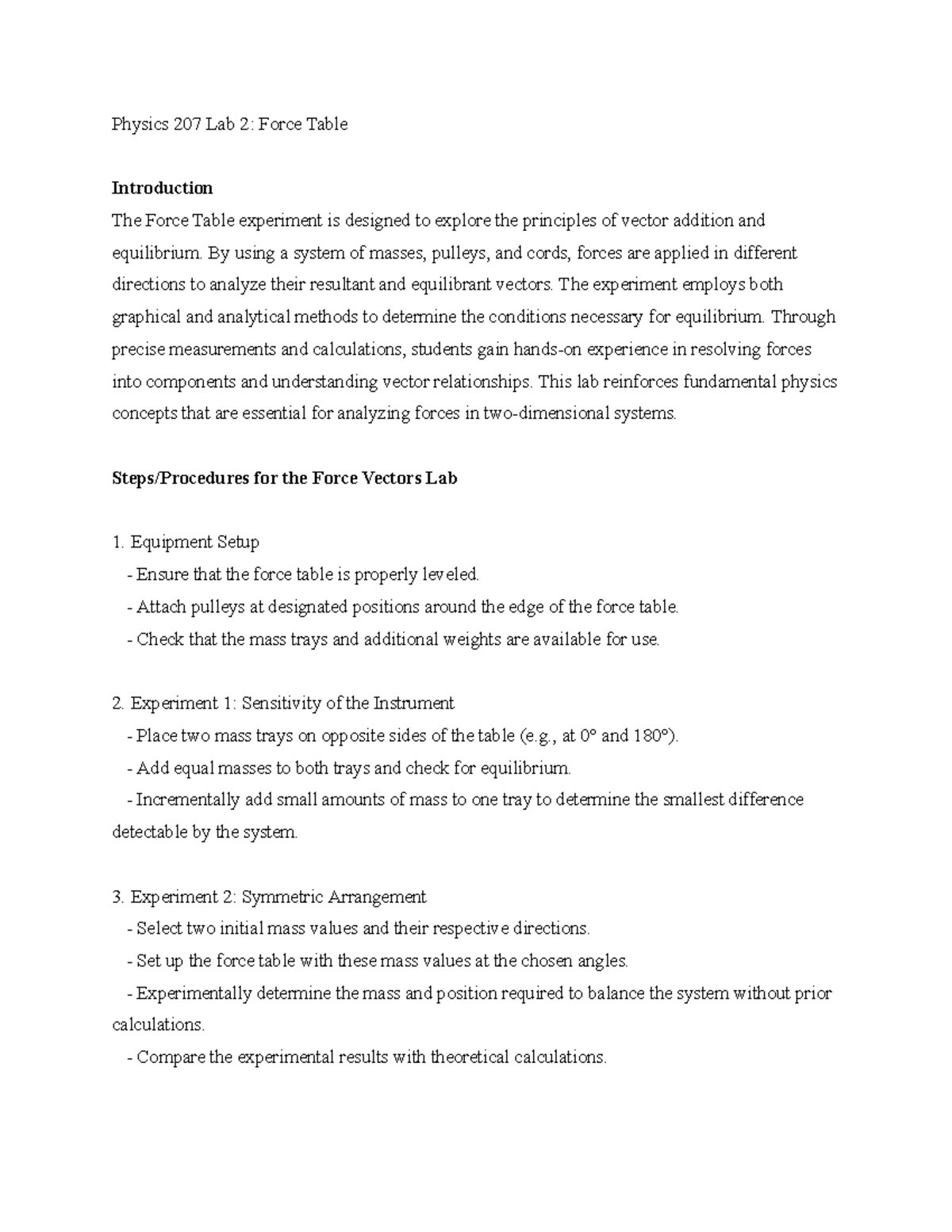 Force Table Lab 2 - LAB 2 - Physics 207 Lab 2: Force Table Introduction ...