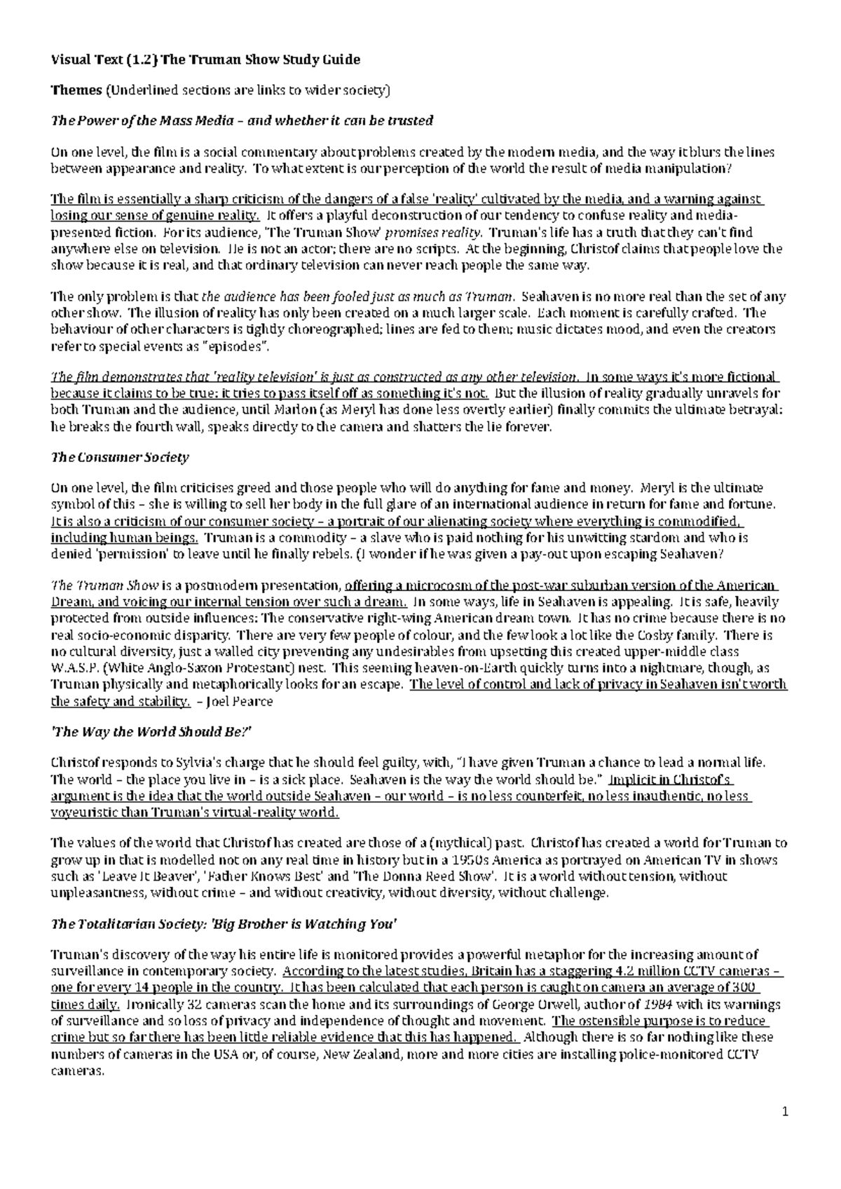 The Truman Show (1.2) Study Guide: Themes and Social Commentary - Studocu