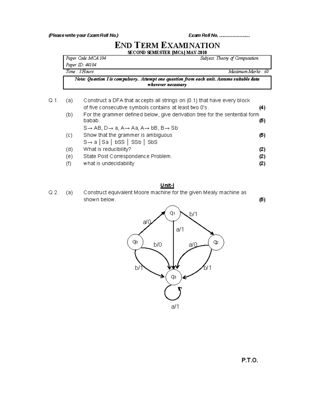 MCA 104 End Term Exam: Theory of Computation Questions & Guidelines ...