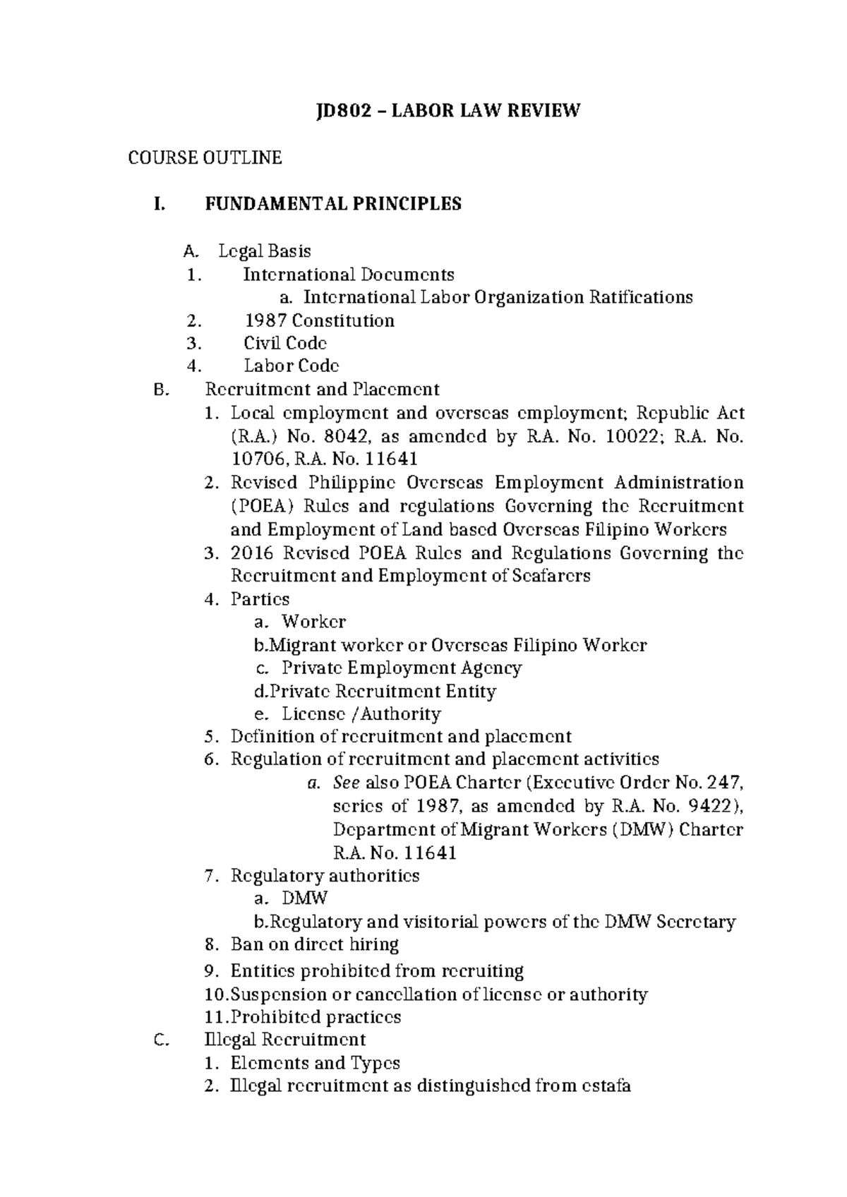 JD802 LABOR LAW REVIEW: COURSE OUTLINE AND KEY PRINCIPLES - Studocu