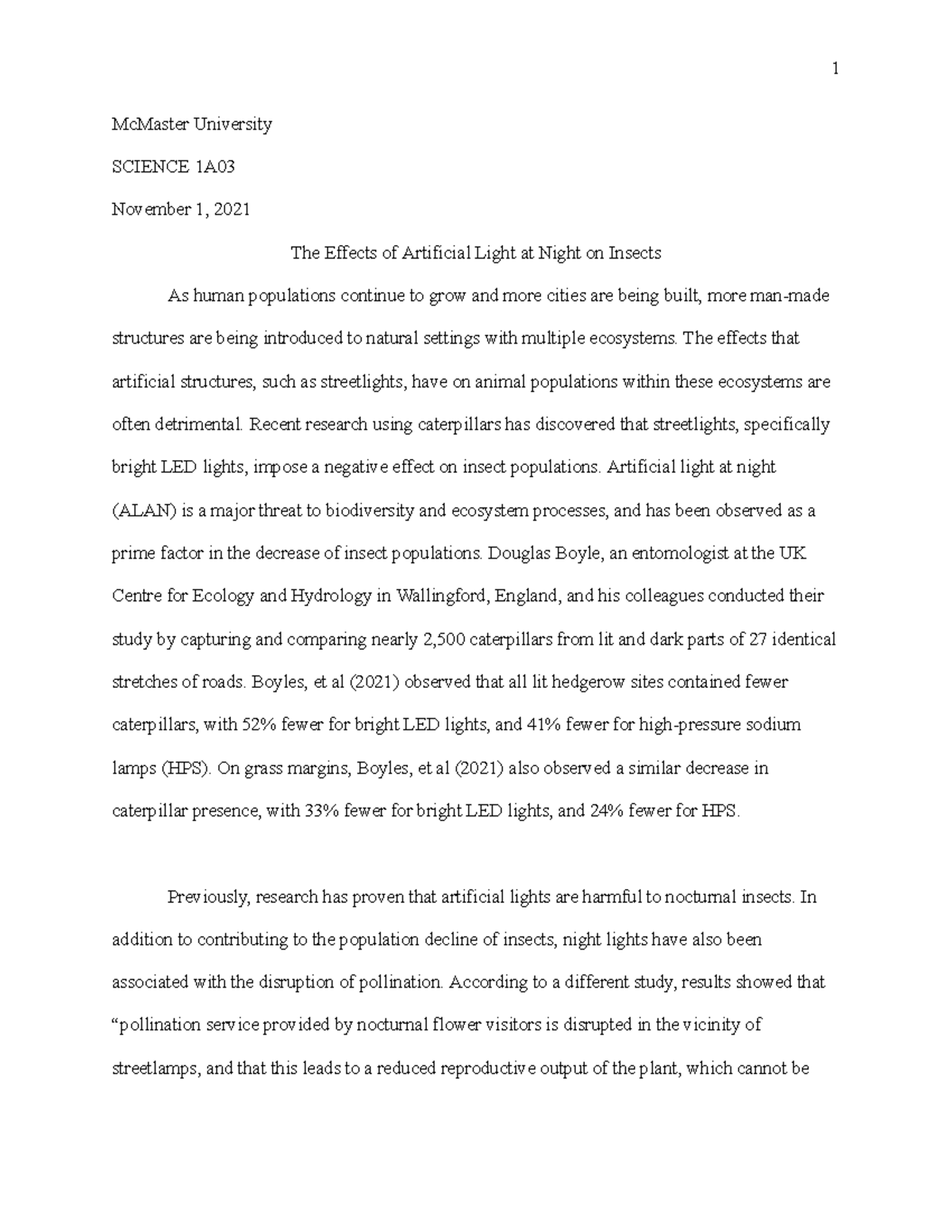 Effects of Artificial Light on Insect Populations - SCIENCE 1A03 - Studocu