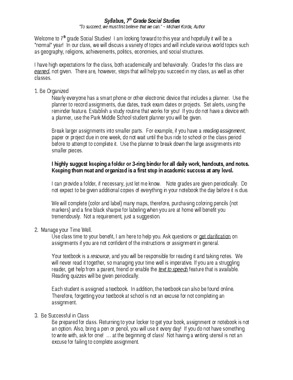 Syllabus - Answers - Syllabus, 7th Grade Social Studies “To succeed, we ...