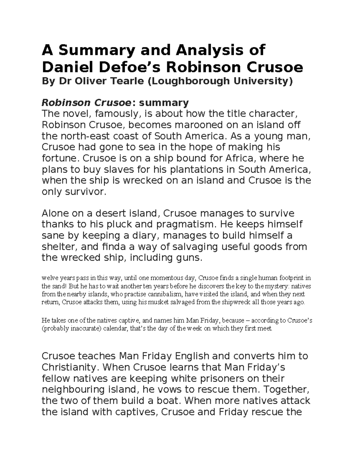 A Summary and Analysis of Daniel Defoe - A Summary and Analysis of ...