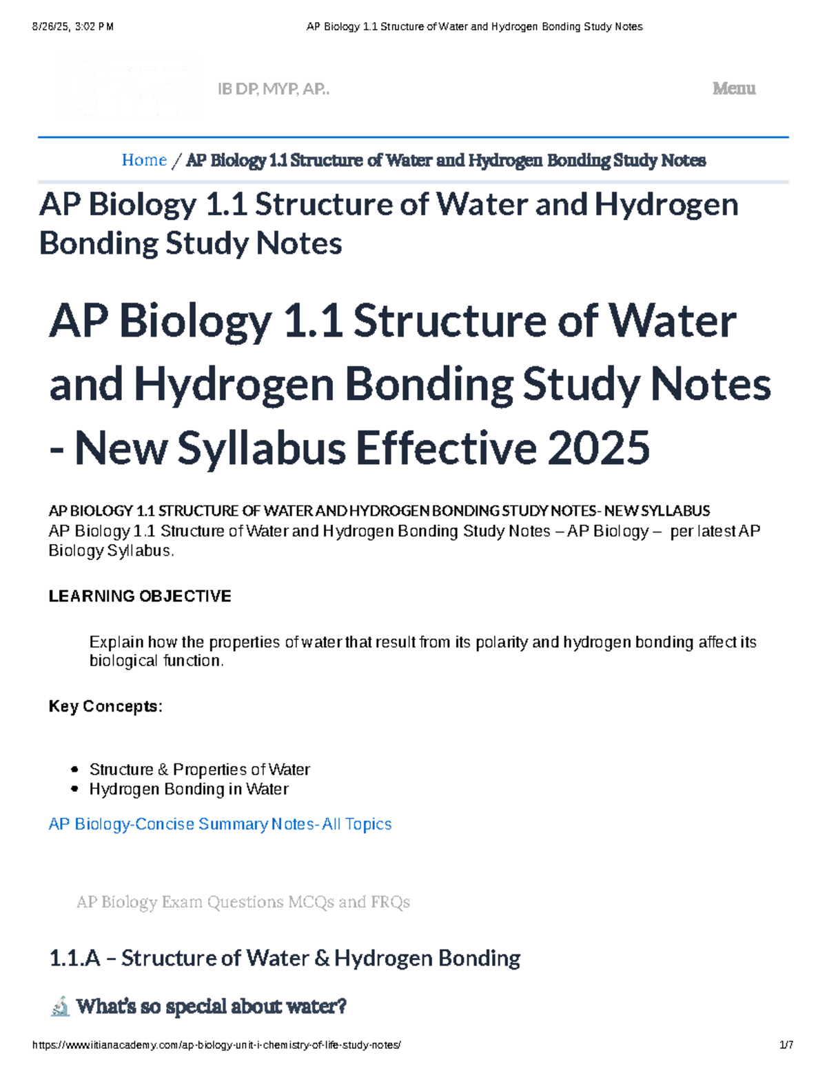 AP BIO 1.1 Study Notes: Structure of Water & Hydrogen Bonding - Studocu