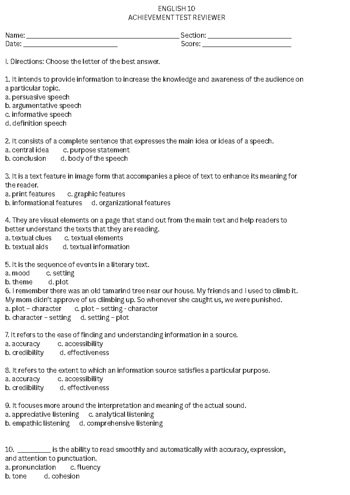 ENGLISH 10 ACHIEVEMENT TEST REVIEWER: Key Concepts & Questions - Studocu