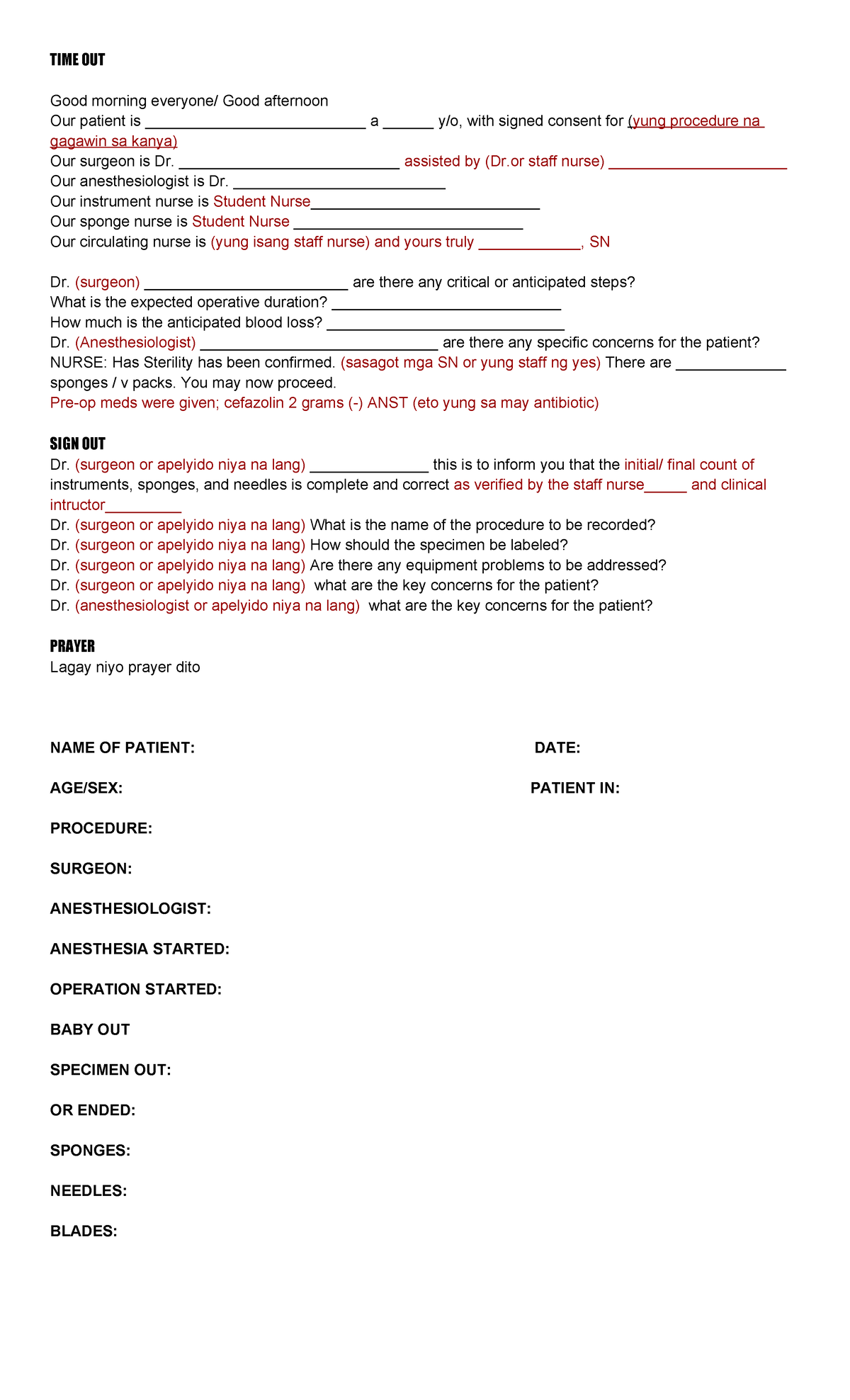 OR Guide: Time Out Procedure for Circulating Nurse Duties - Studocu