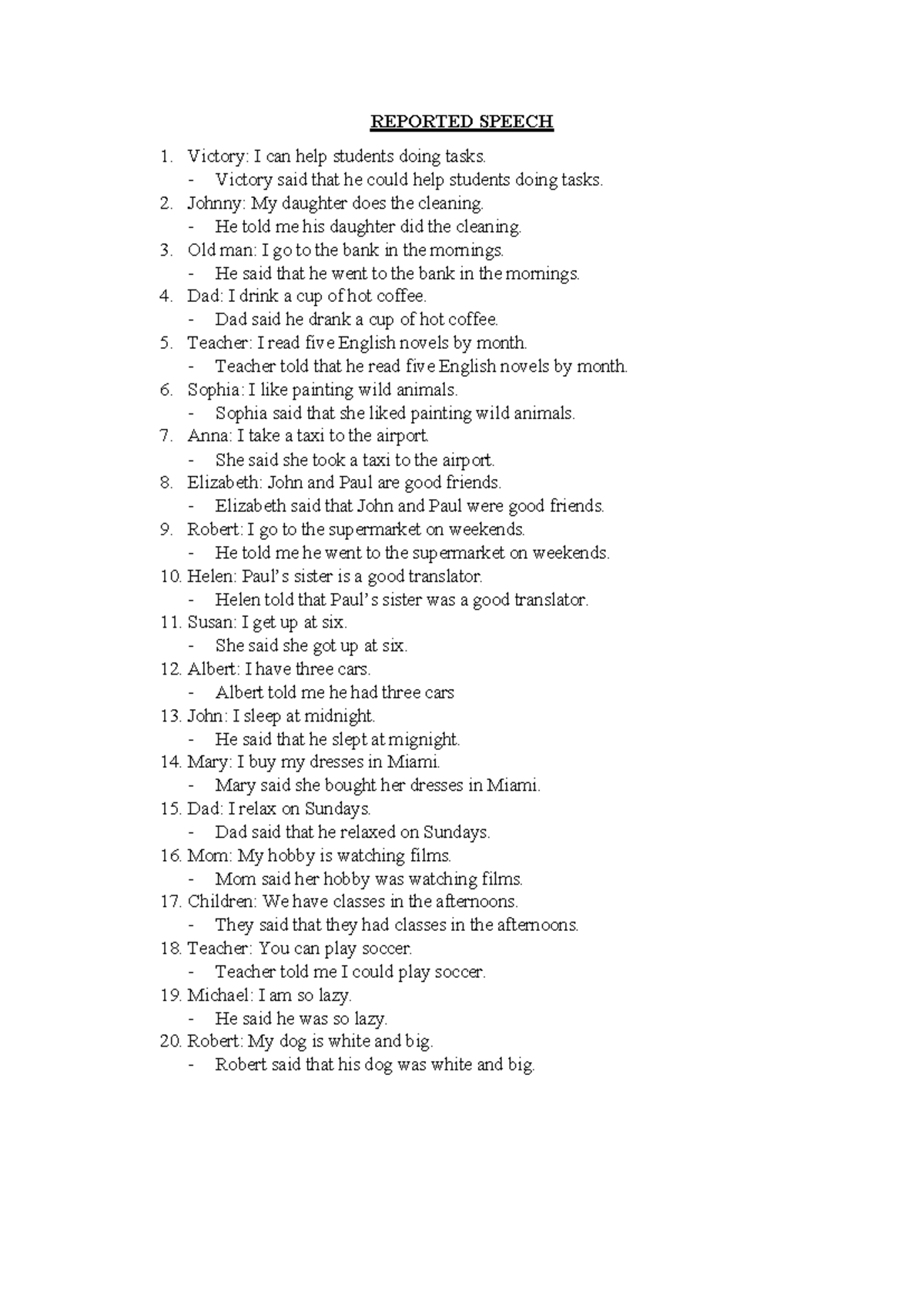 Reported Speech Examples and Transformations 2 - Studocu