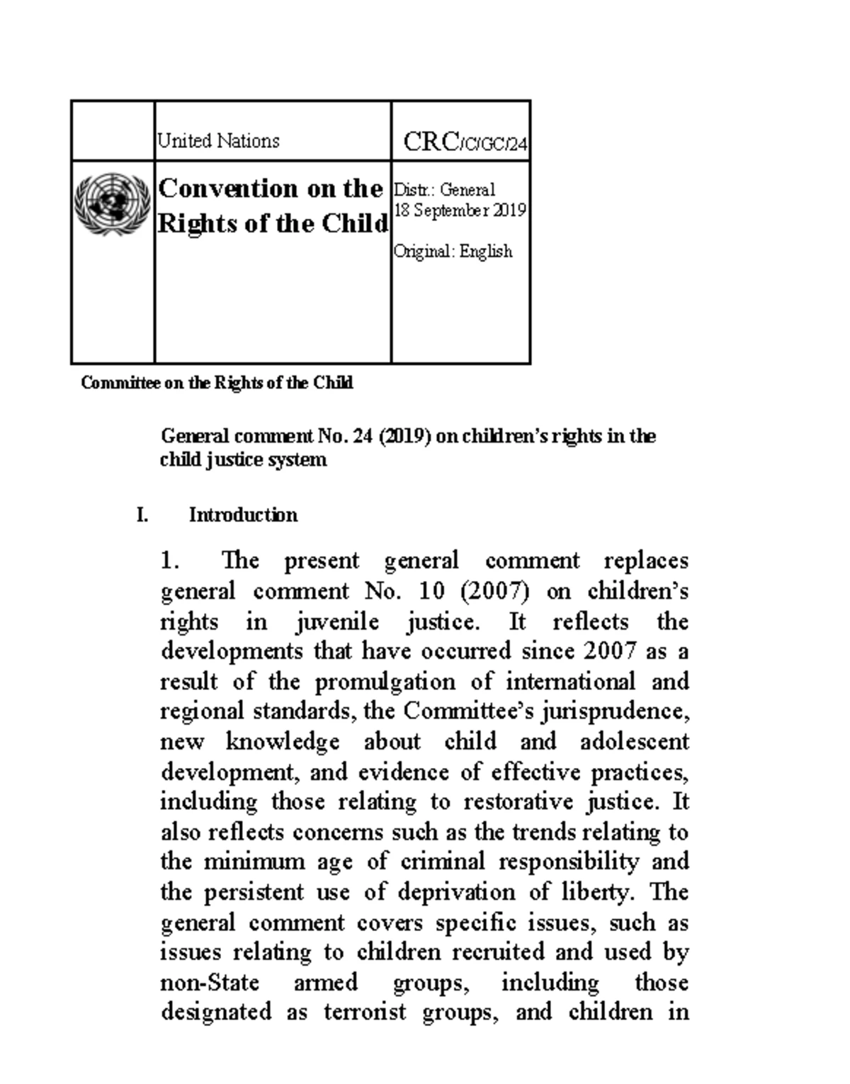 CRC General Comment No. 10 (2007): Rights of Children in Juvenile ...