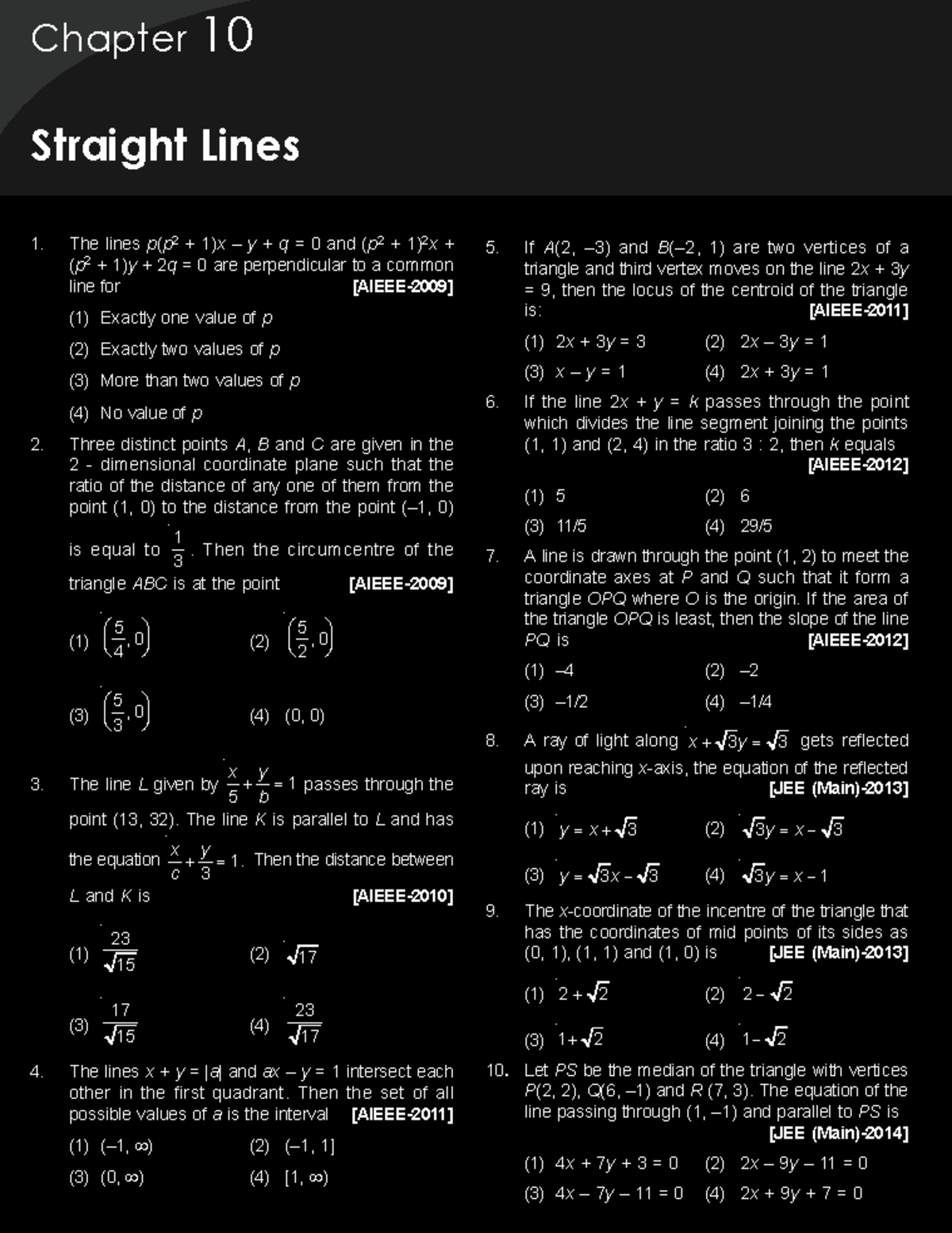 JEE (Main) - Chapter 10: Straight Lines and Their Properties - Studocu