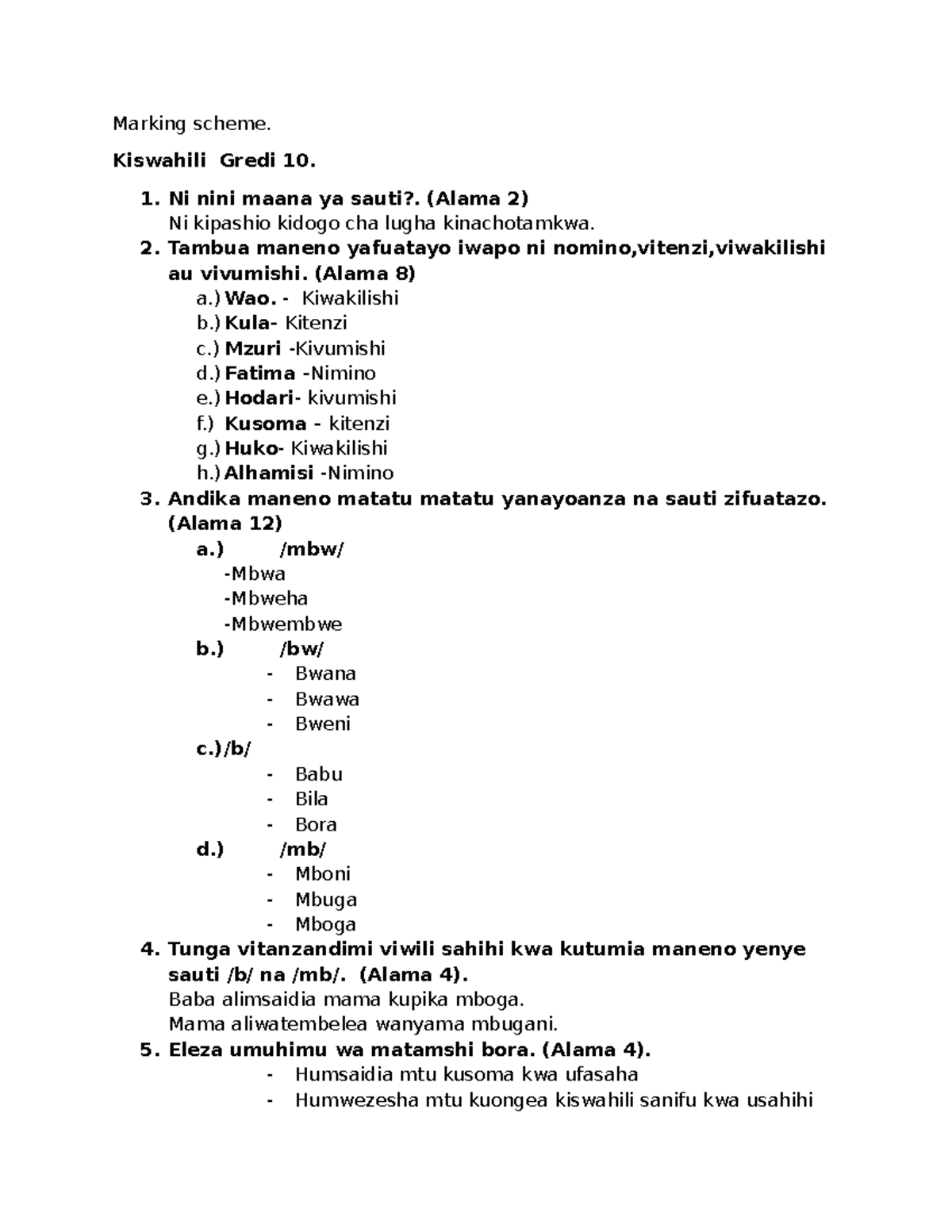Kiswahili Gredi 10: Marking Scheme for Language Questions - Studocu