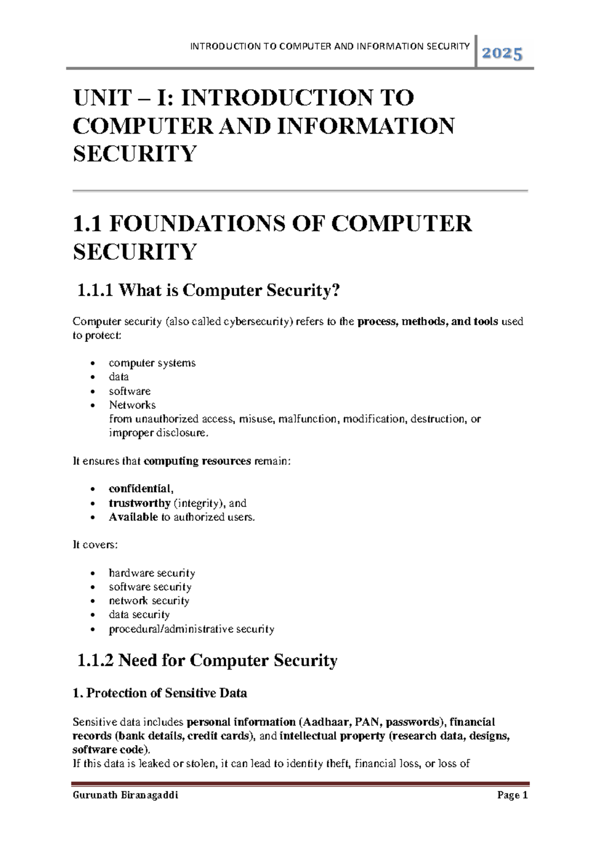 Unit I: Computer & Information Security Overview 2025 - Studocu
