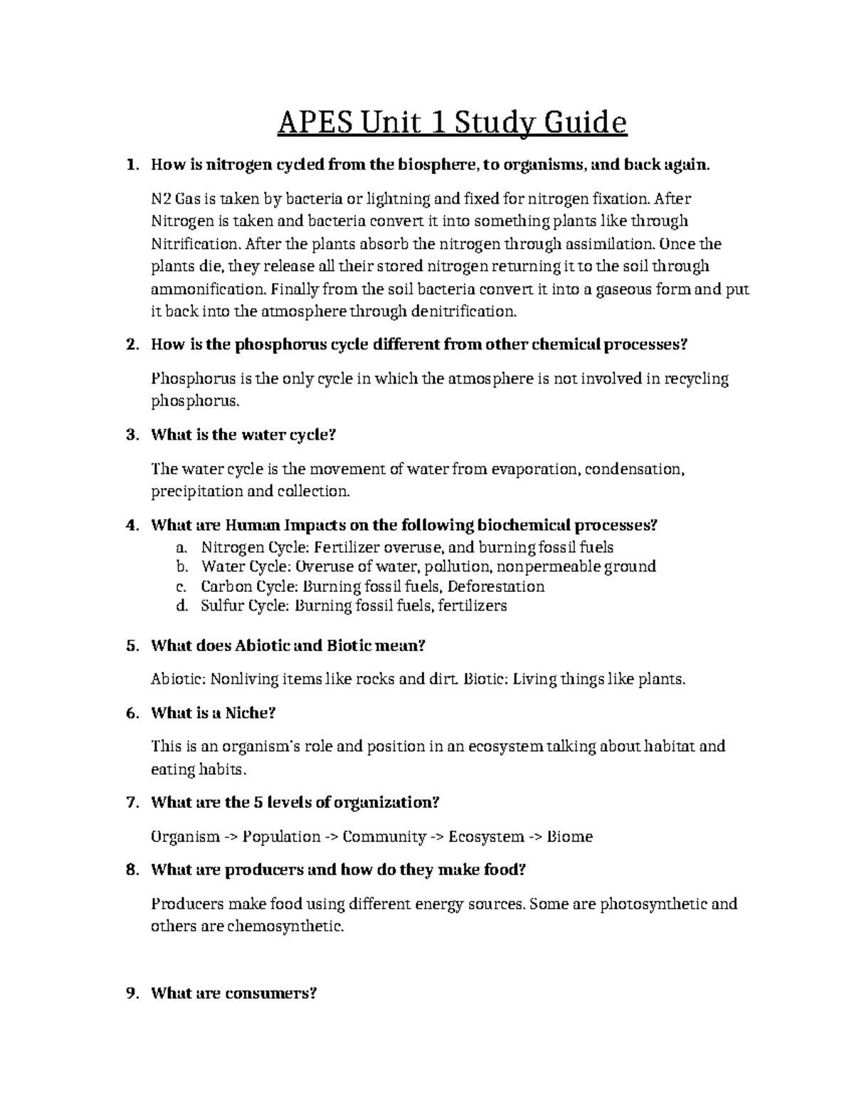 APES Unit 1 Remediation Study Guide: Biochemical Cycles & Ecosystems ...