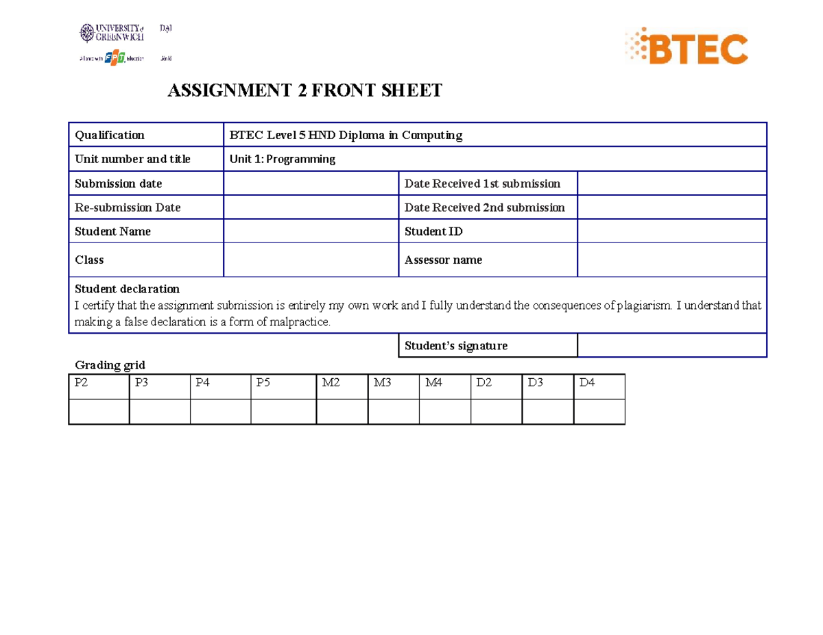 Nguyen Tin Hoc GCS210848 Assignment 2 frontsheet - ASSIGNMENT 2 FRONT SHEET Qualification BTEC ...