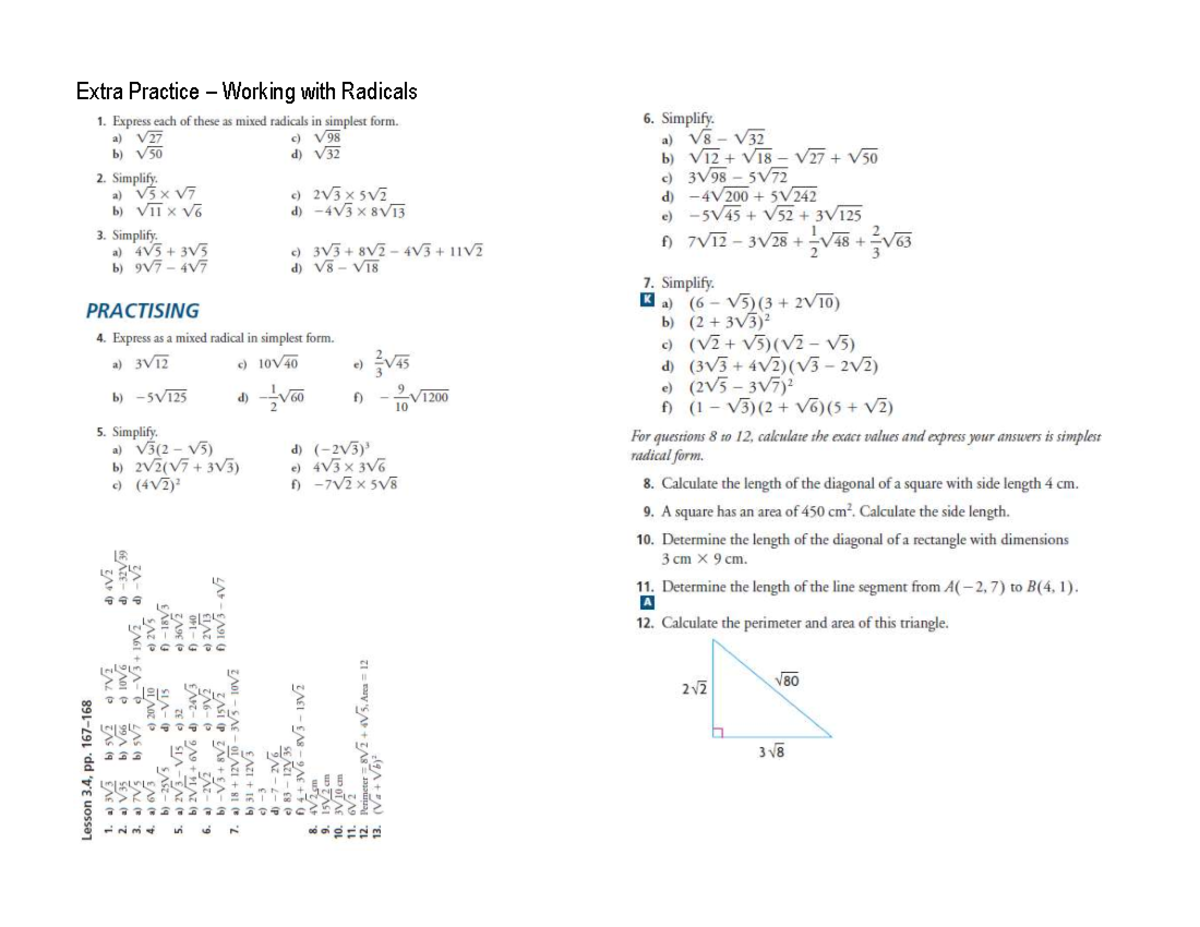 Extra Practice - Radicals (Math 101) - Simplifying Mixed Radicals - Studocu