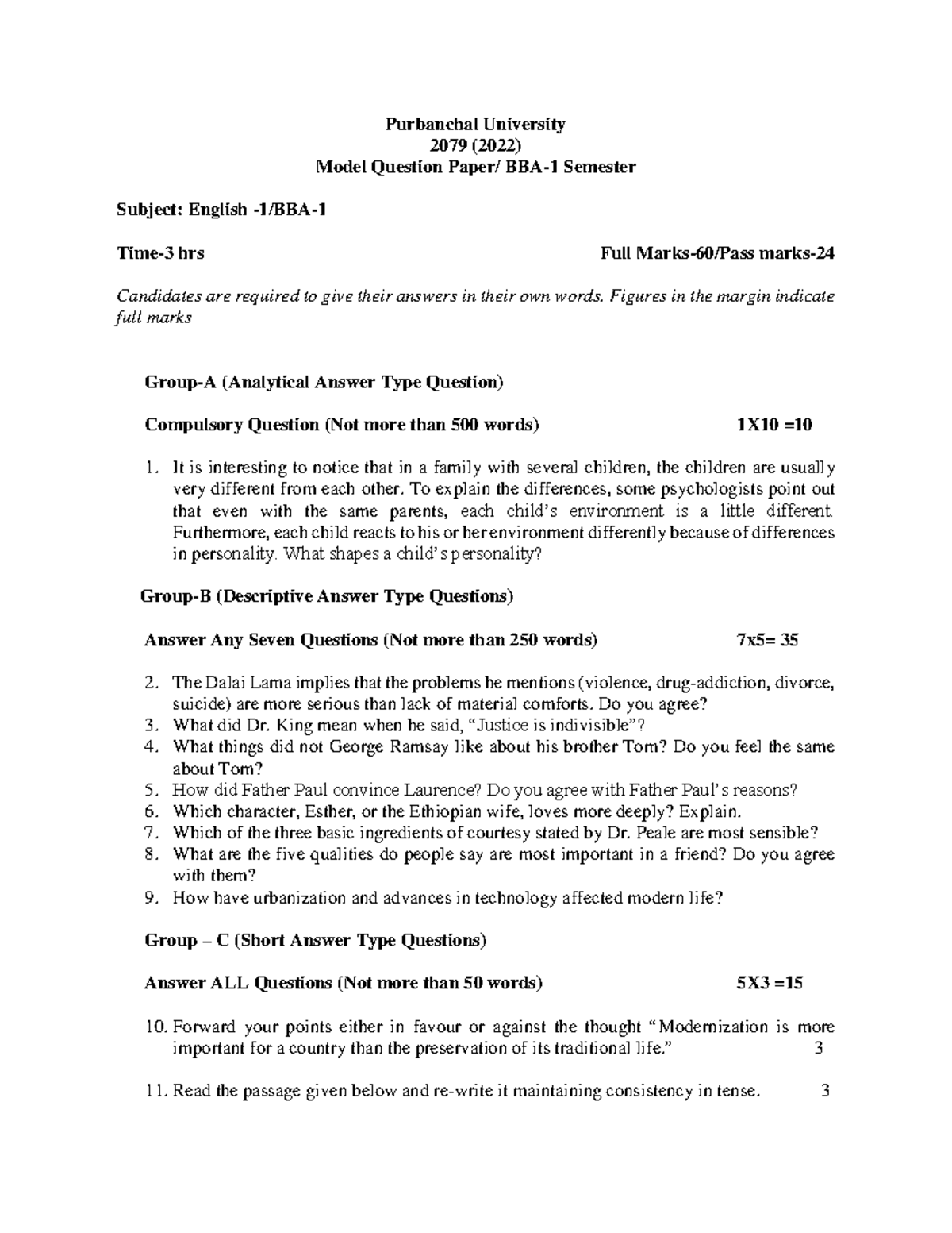 BBA I Sem English Model Question Paper 2079 (2022) - Studocu