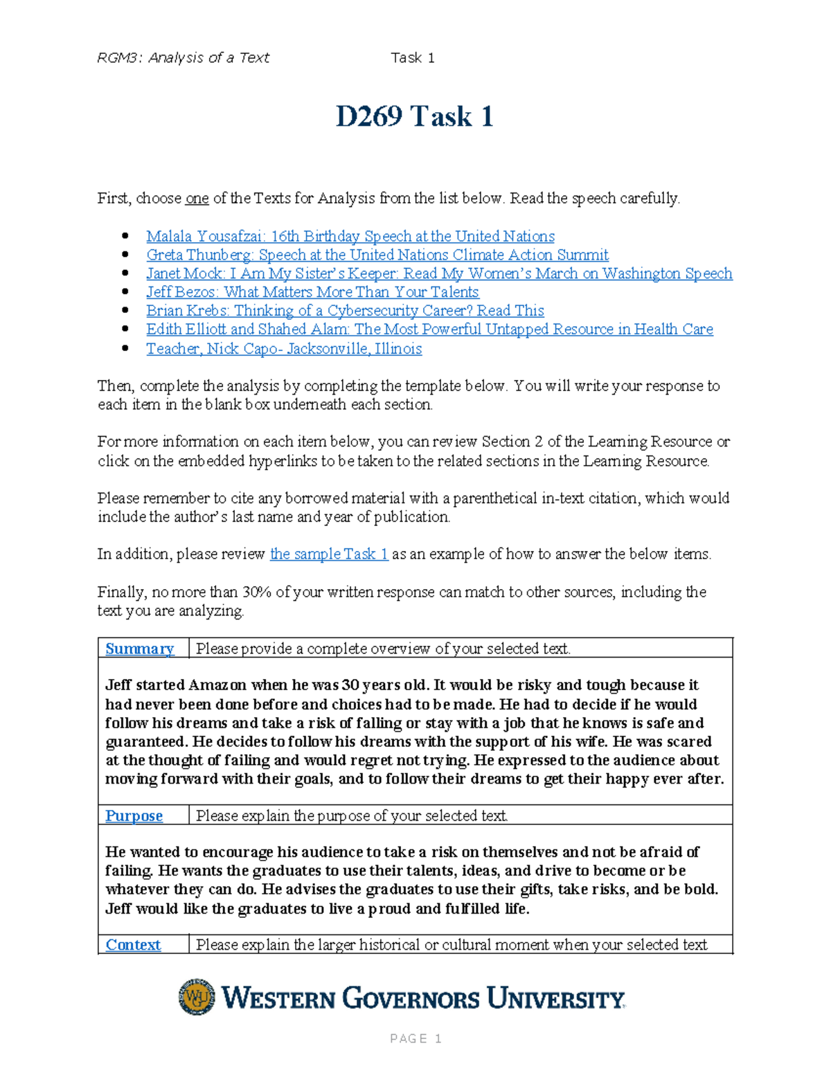 D269 Task 1- Composition Writing with a Strategy (1) - RGM3: Analysis of a Text Task 1 D269 Task ...