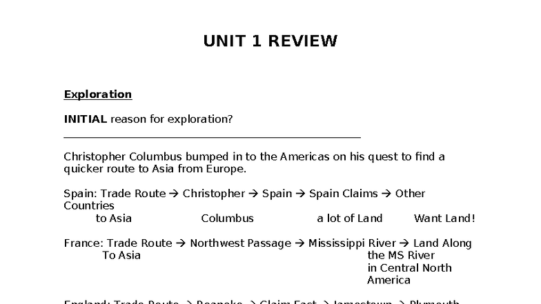 Unit 1 Review: Exploration and Colonization Insights - Studocu