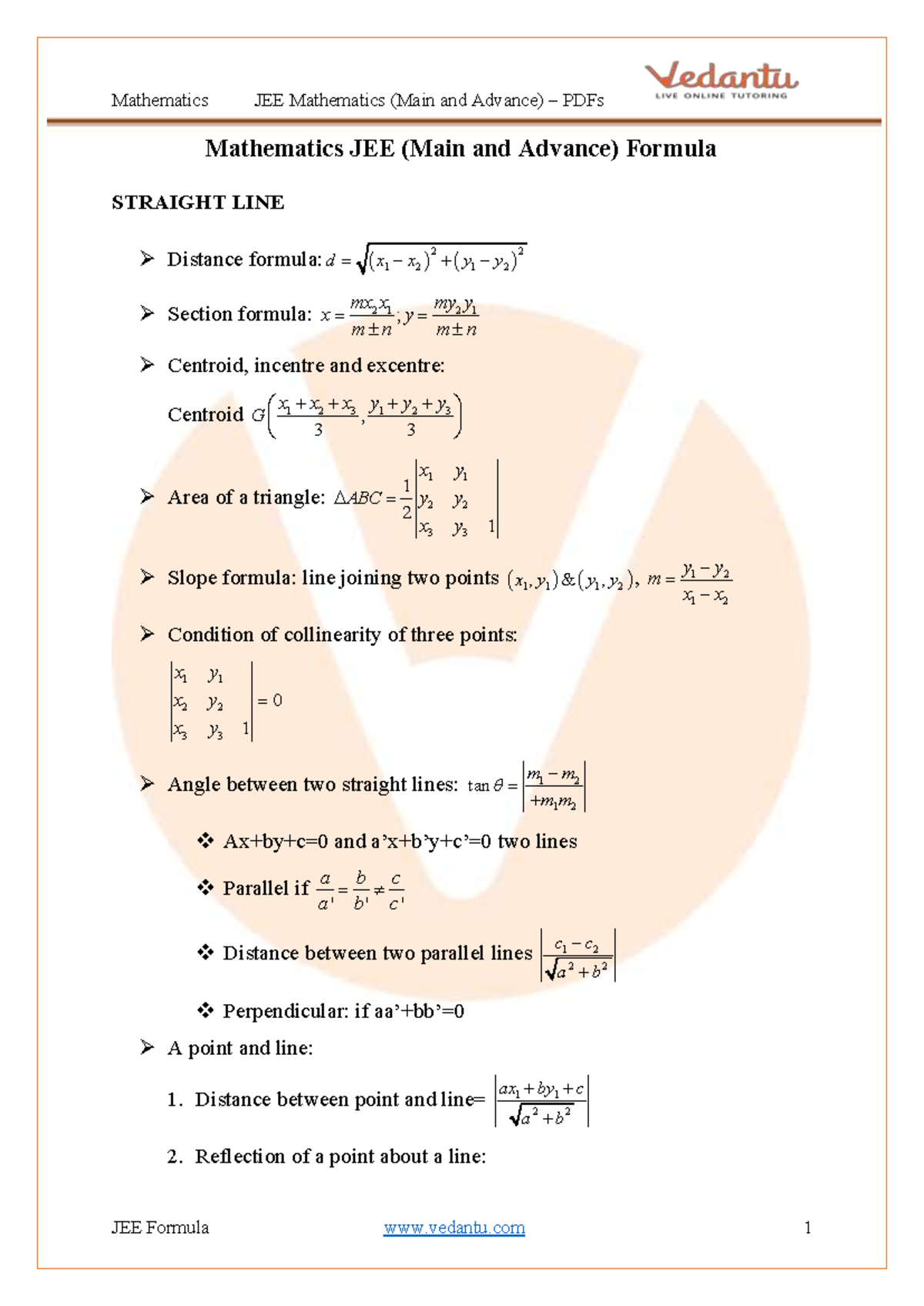 JEE Mathematics (Main & Advance) Essential Formulas for Straight Lines ...