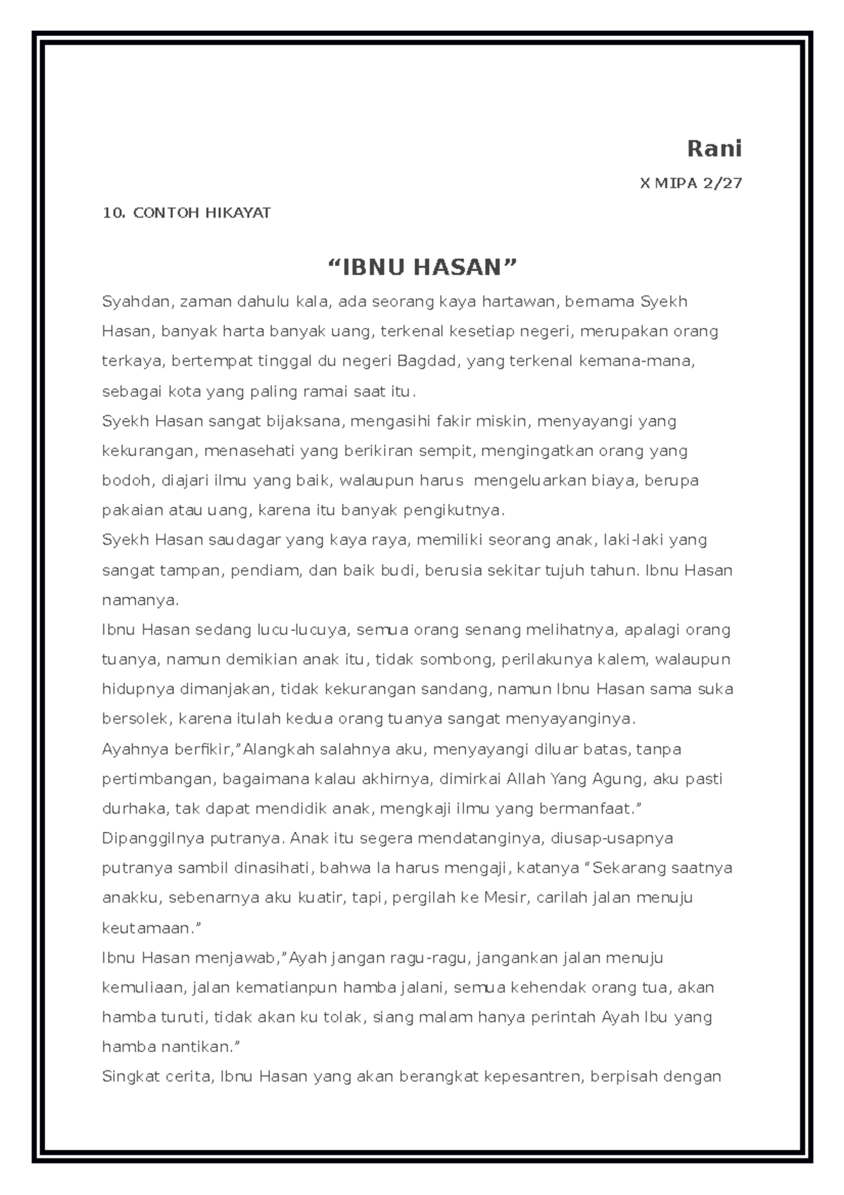 10. B.INDO Contoh Hikayat: Cerita Ibnu Hasan dan Kebijaksanaan Orang ...