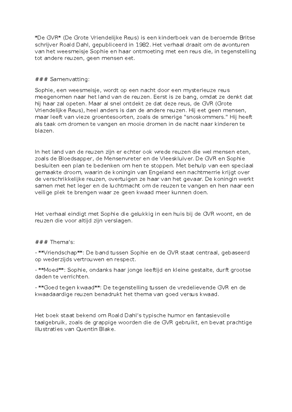 Samenvatting van De GVR: Vriendschap en Moed in een Reuzenwereld - Studocu