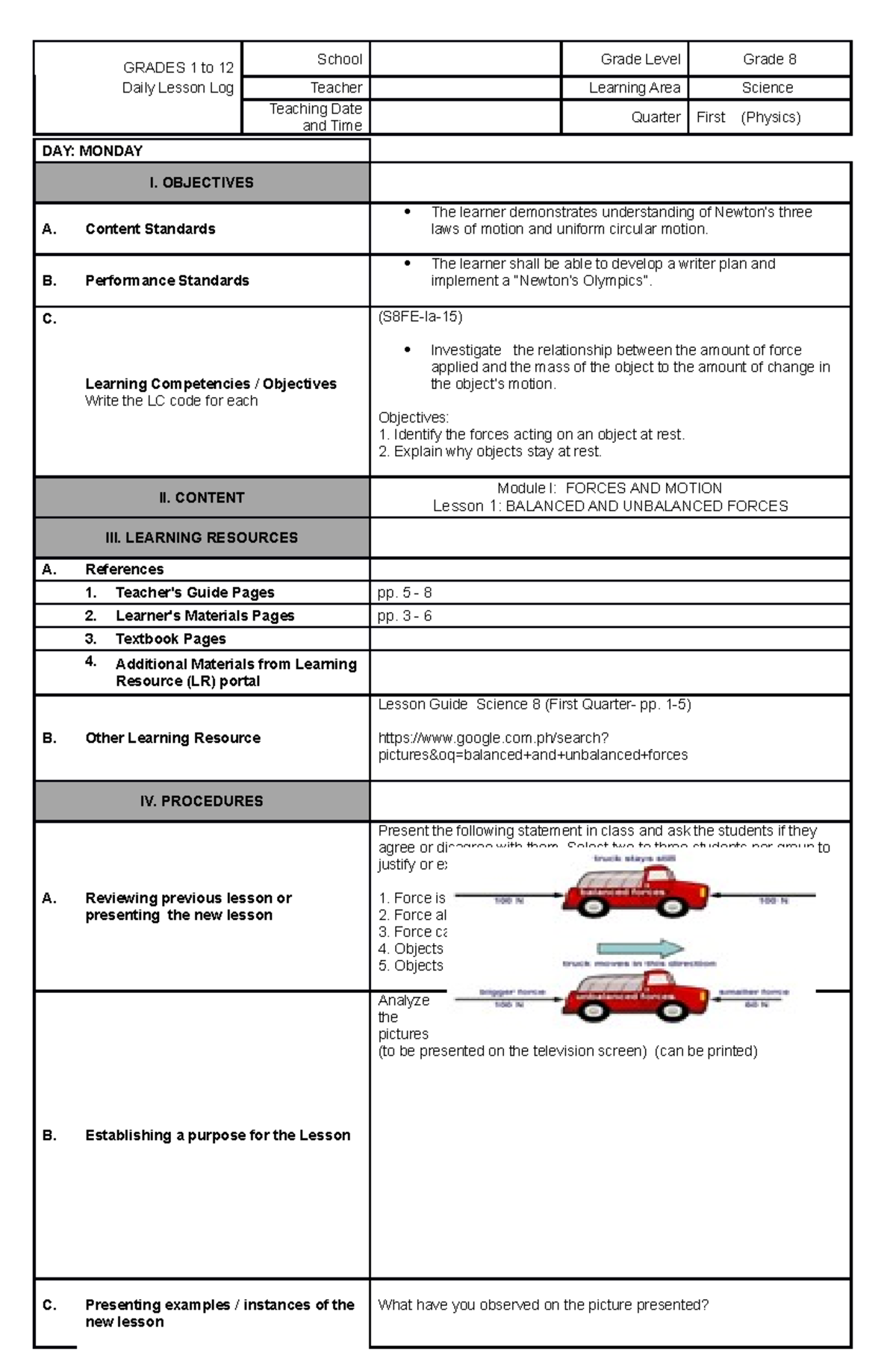 Balanced and Unbalanced Forces Lesson Plan (Grade 8 Science) - Studocu