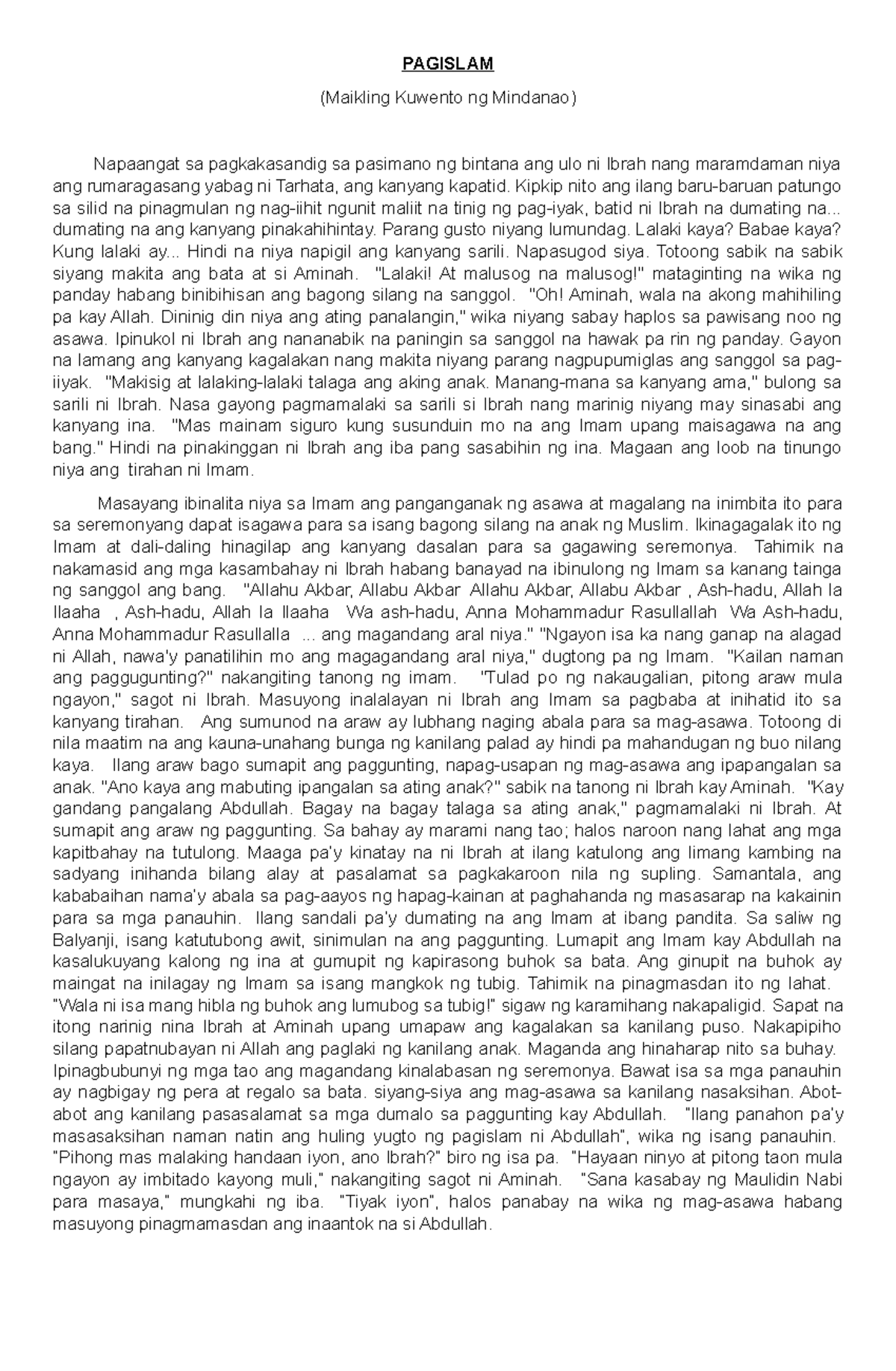 Pagislam at Paggawad ng Pangalan: Kuwento ni Abdullah sa Mindanao - Studocu