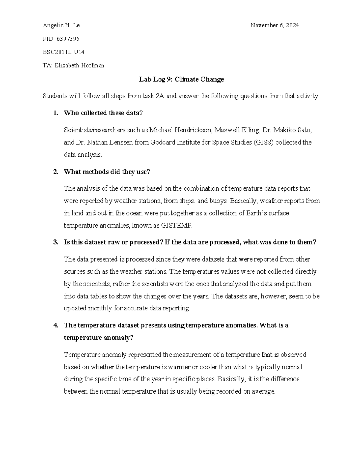 Lab Log 9 Climate Change - Angelic H. Le November 6, 2024 PID: 6397395 ...