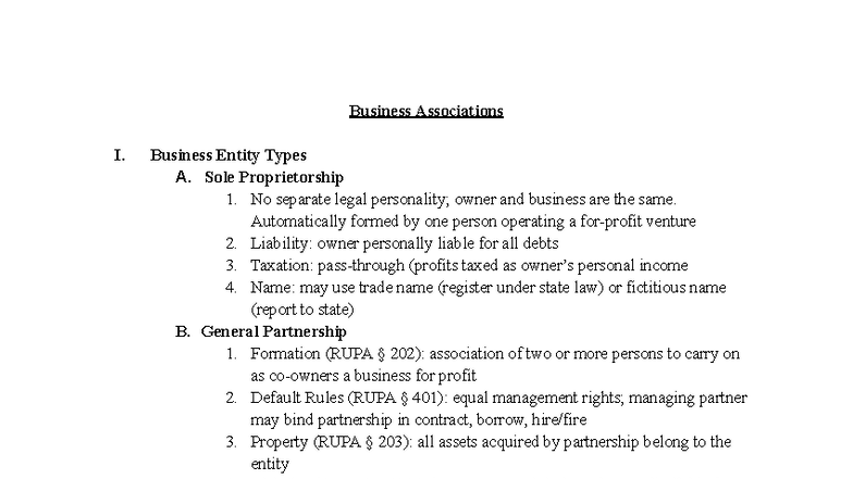 Business Associations BA Outline: Entity Types & Legal Framework - Studocu