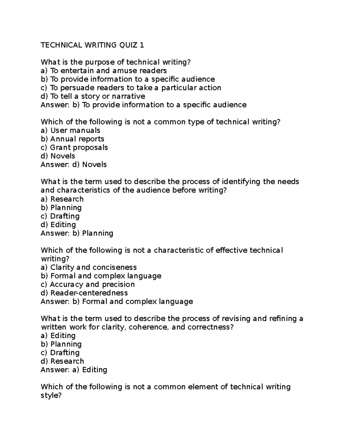Technical Writing QUIZ 1 - TECHNICAL WRITING QUIZ 1 What is the purpose ...