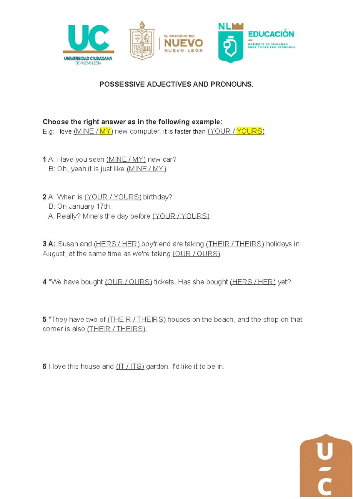 Possessive Adjectives and Pronouns - POSSESSIVE ADJECTIVES AND PRONOUNS ...