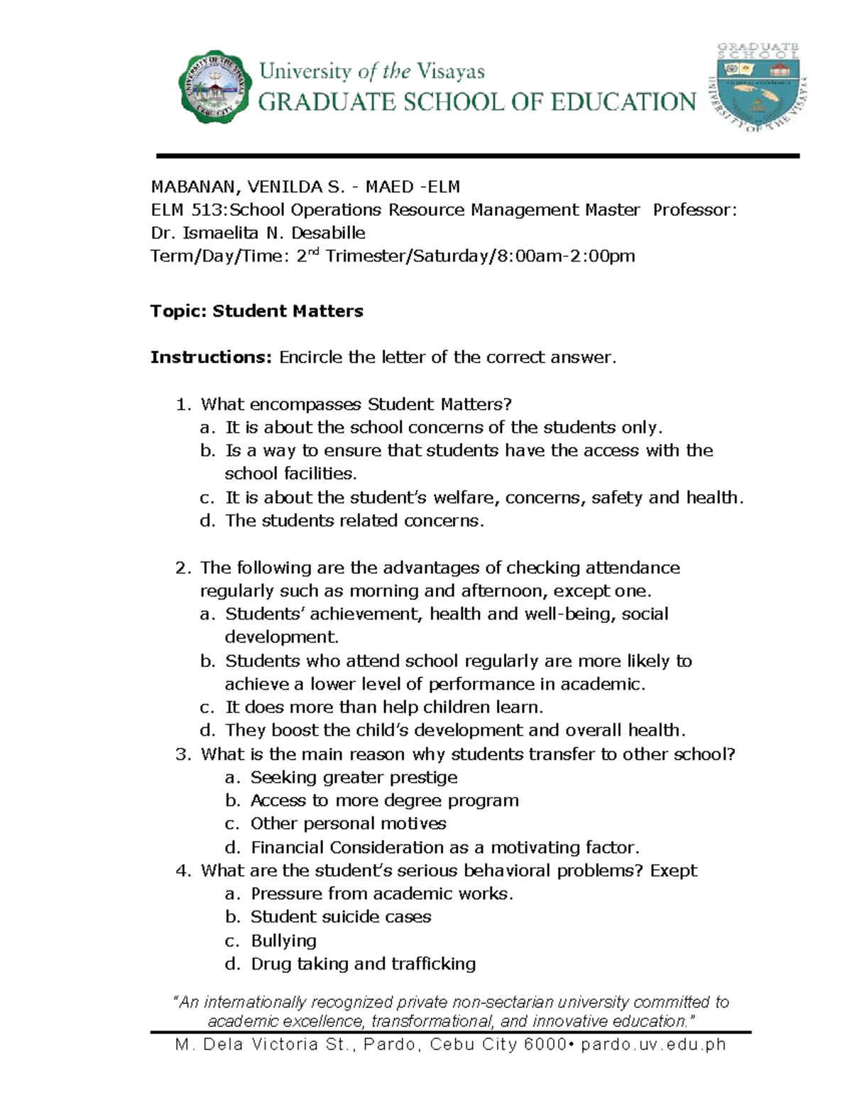 MAED ELM 513: Student Matters Questionnaire for School Operations - Studocu