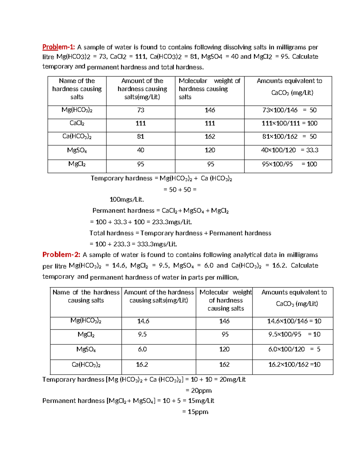 Water Hardness Calculations: Numerical Problems and Solutions - Studocu