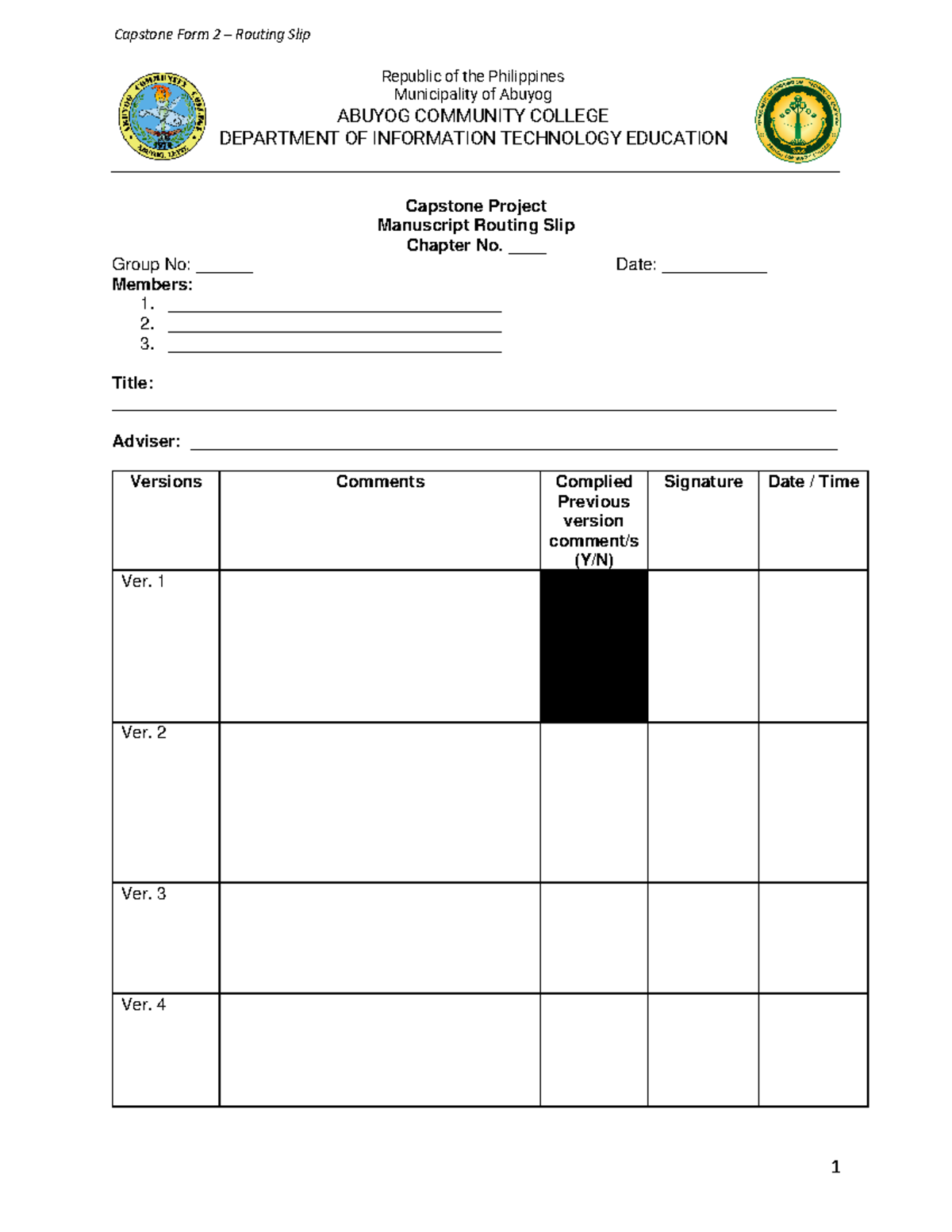Form 2 - Capstone Project Manuscript Routing Slip - 1 Republic of the ...