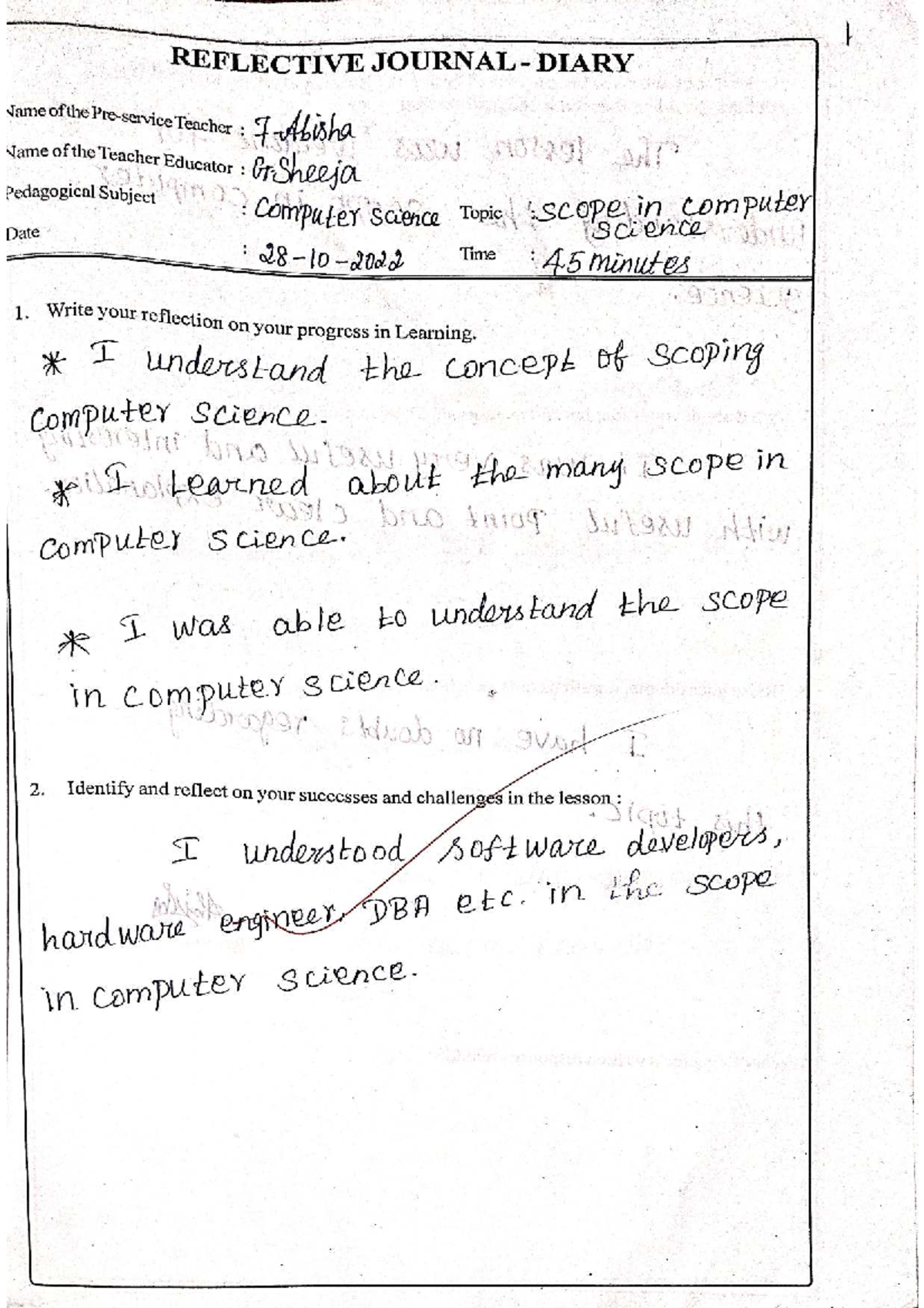 REFLECTIVE JOURNAL DIARY: Computer Science Insights (CS 101) - Studocu