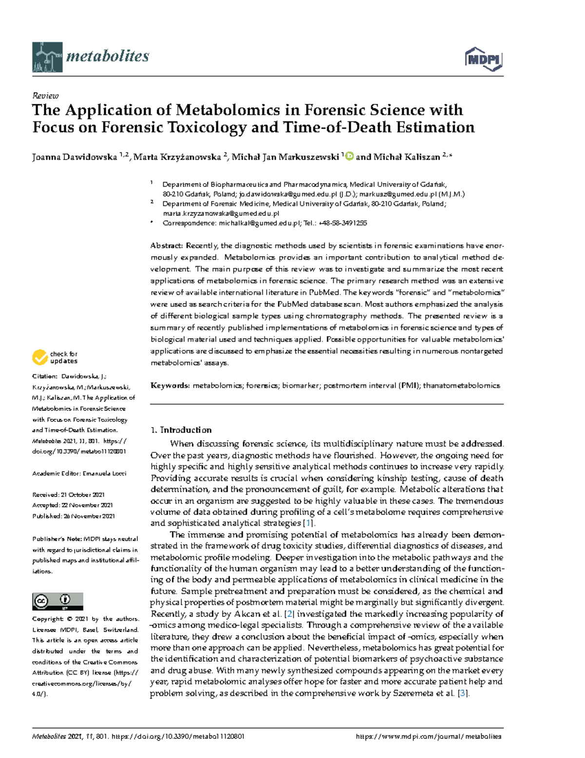 Metabolomics in Forensic Toxicology: A Comprehensive Review (TSD) - Studocu