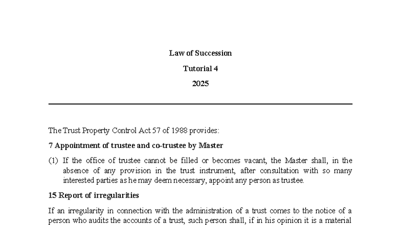 Law of Succession 2025 Tutorial 4: Trustee Appointment Issues - Studocu