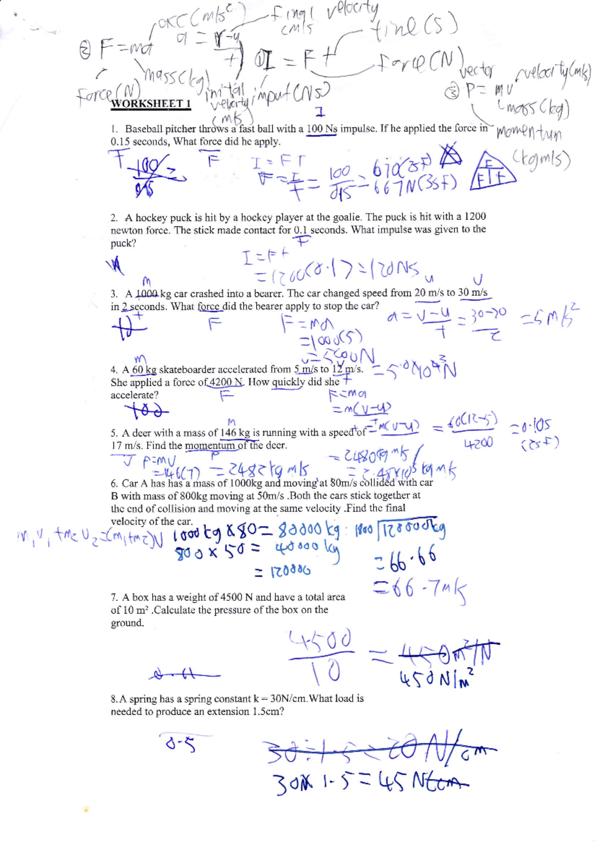 Sjis-Physics Worksheet 01: Impulse, Force, and Energy Calculations ...