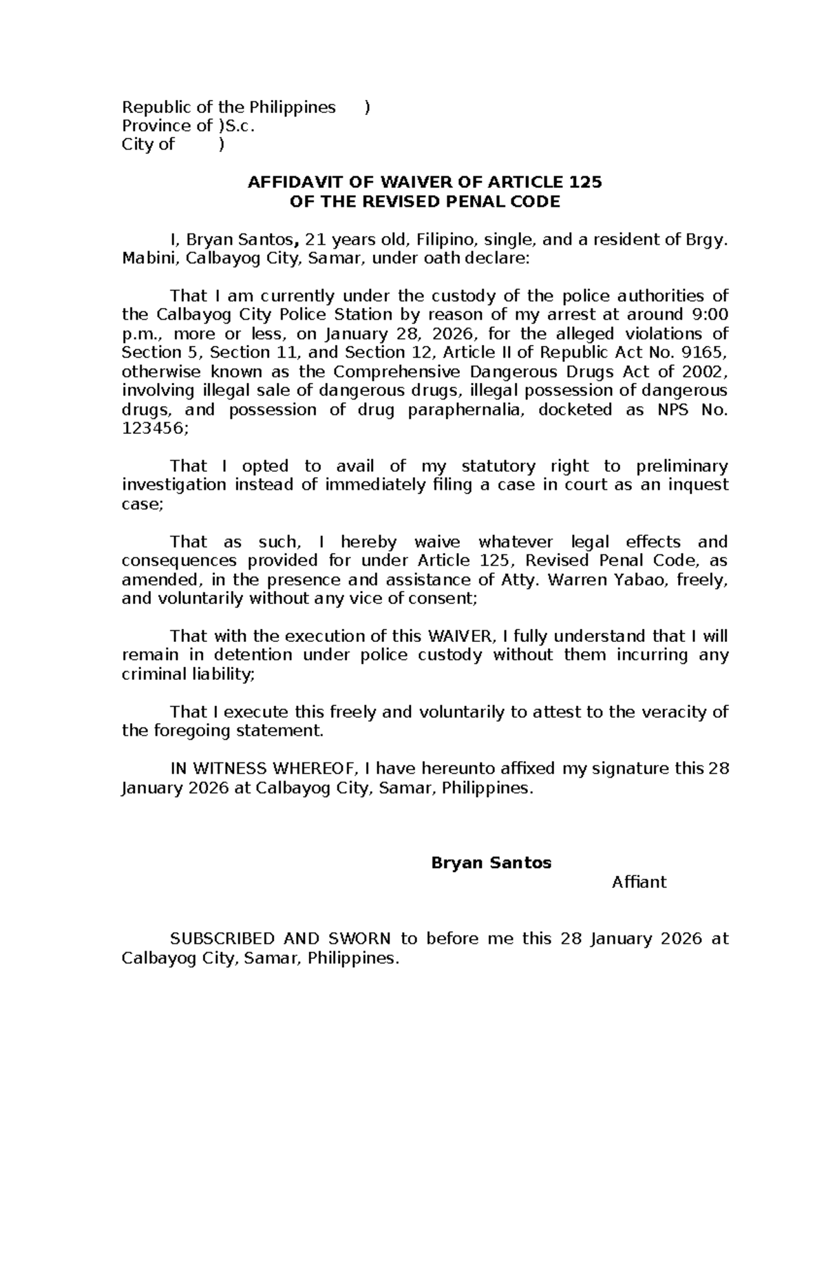 Waiver of Article 125 of RPC - Inquest Sample Document - Studocu