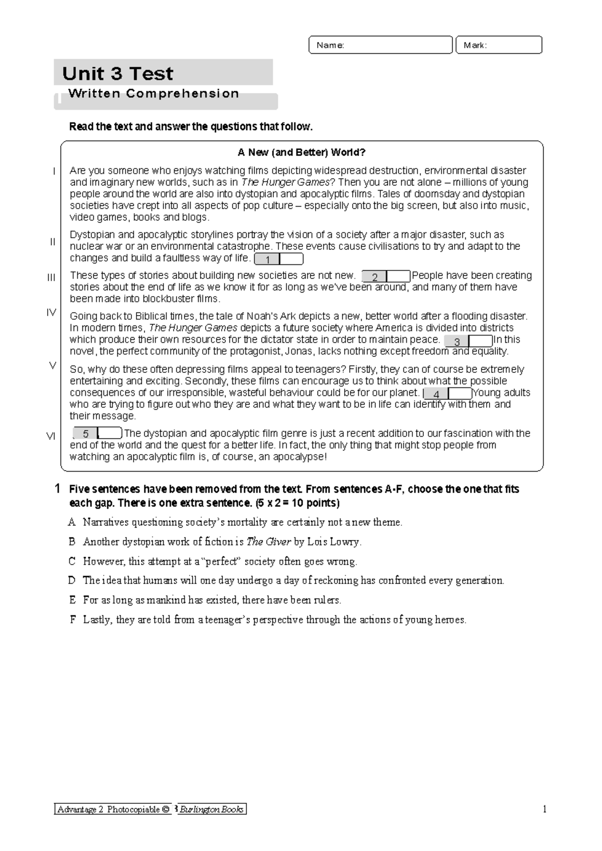 03Advantage 2 Unit 3 Test: Dystopian Films & Society Analysis - Studocu